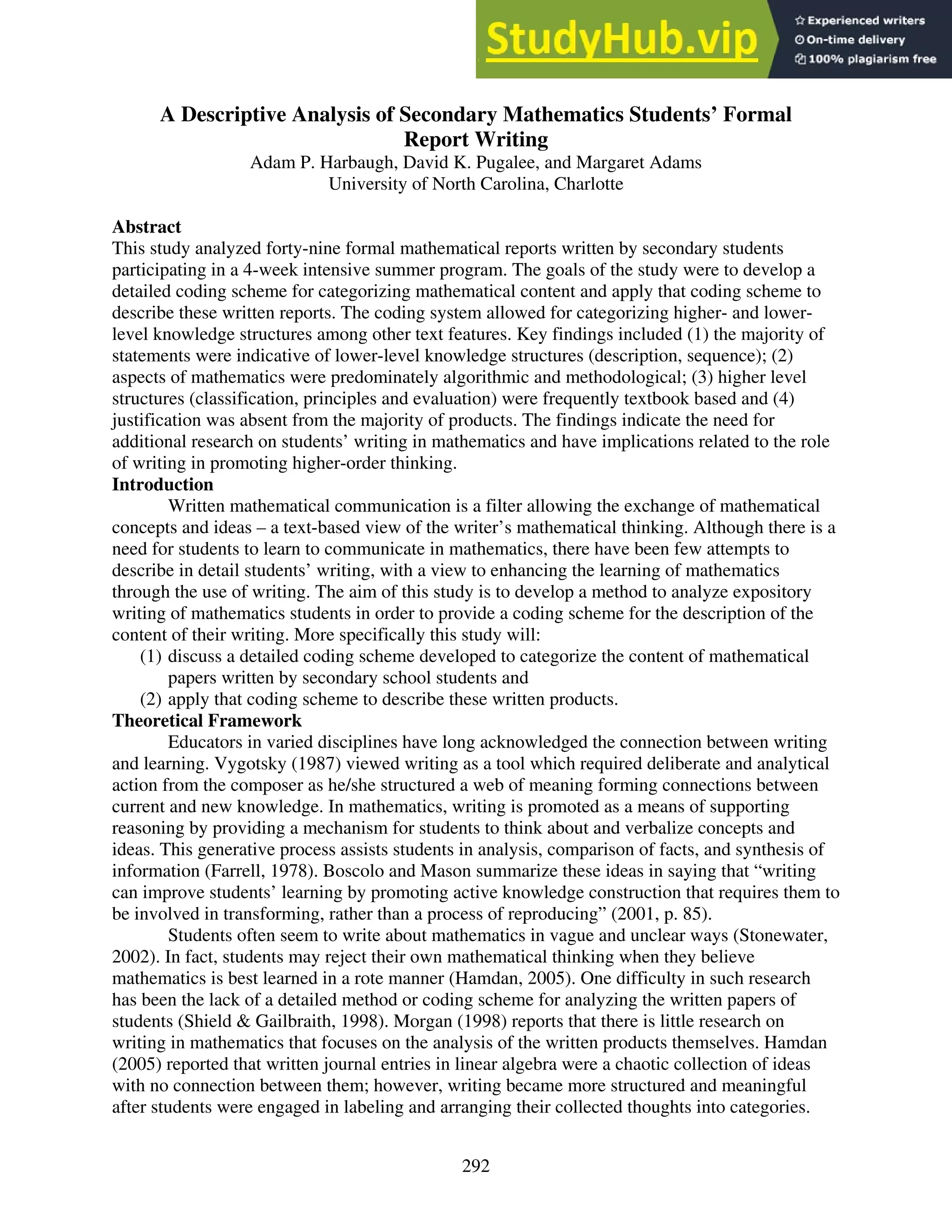 A Descriptive Analysis Of Secondary Mathematics Students Formal Report Writing | PDF