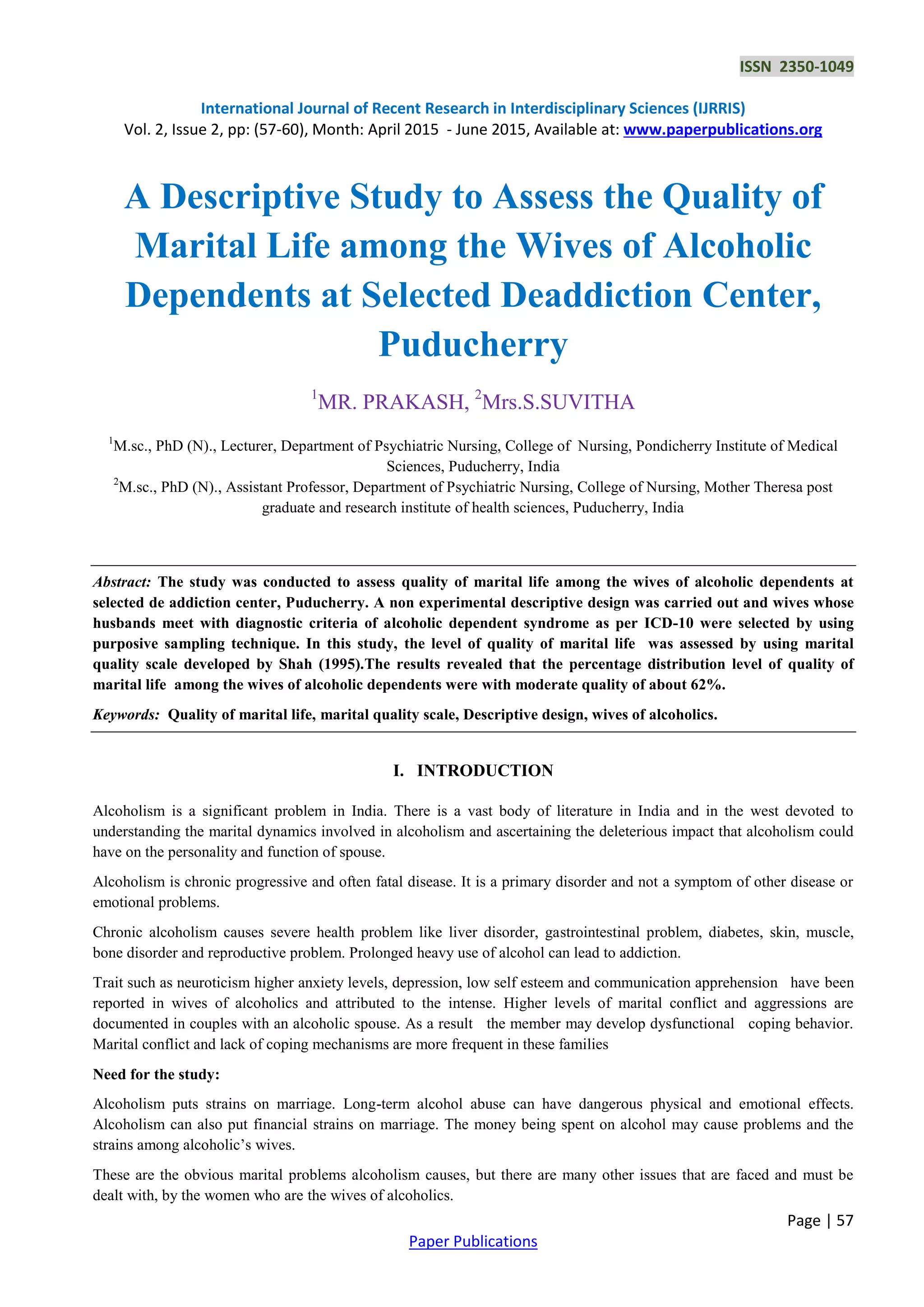 A Descriptive Study to Assess the Quality of Marital Life among the ...