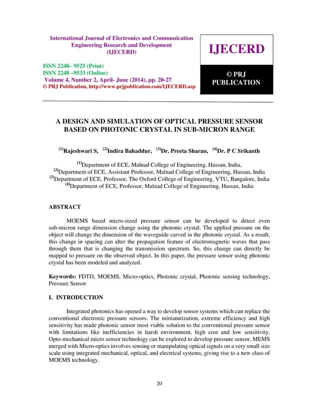 A DESIGN AND SIMULATION OF OPTICAL PRESSURE SENSOR BASED ON PHOTONIC CRYSTAL IN SUB-MICRON RANGE ...