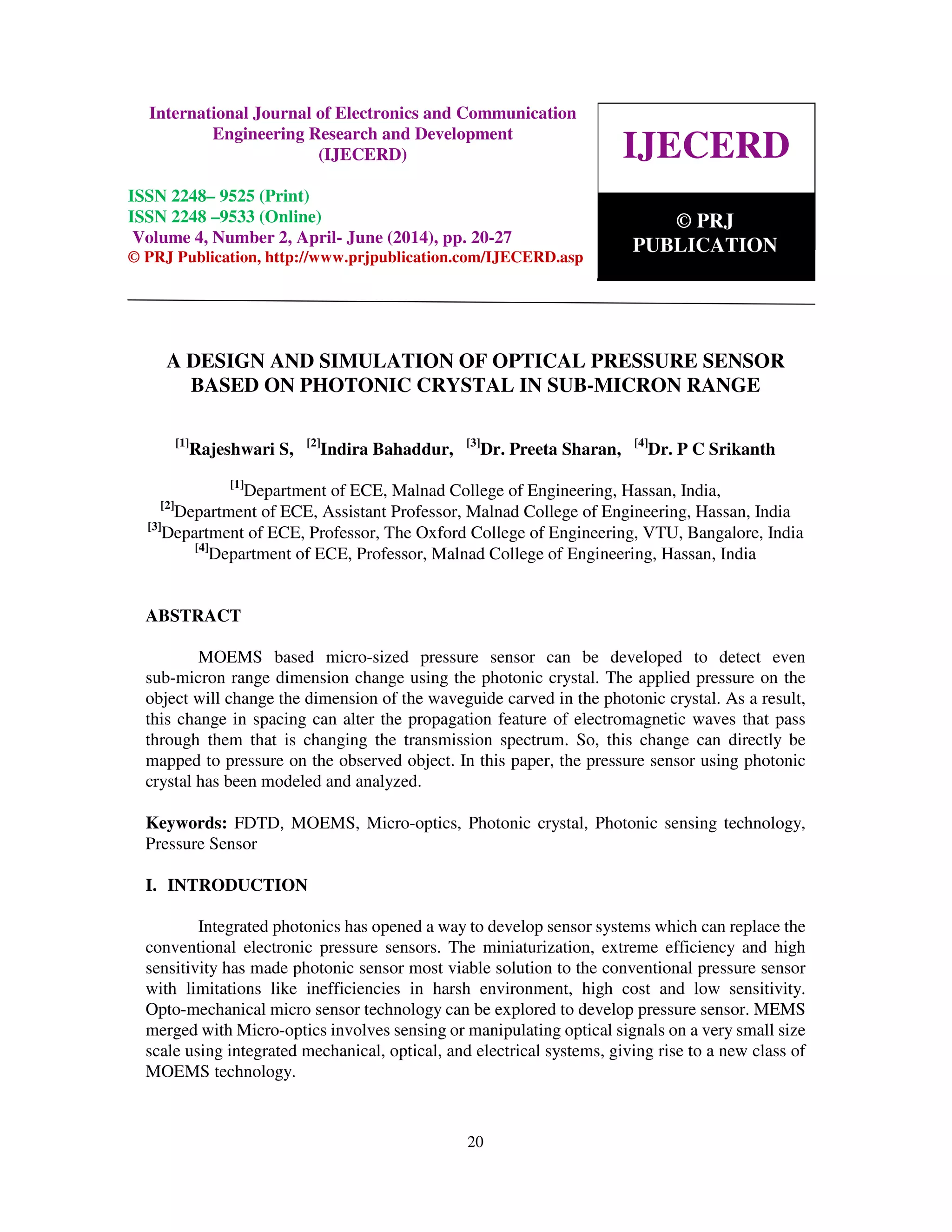 A design and simulation of optical pressure sensor based on photonic ...