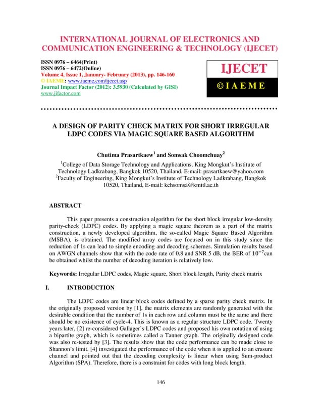 A design of parity check matrix for short irregular ldpc codes via magic | PDF