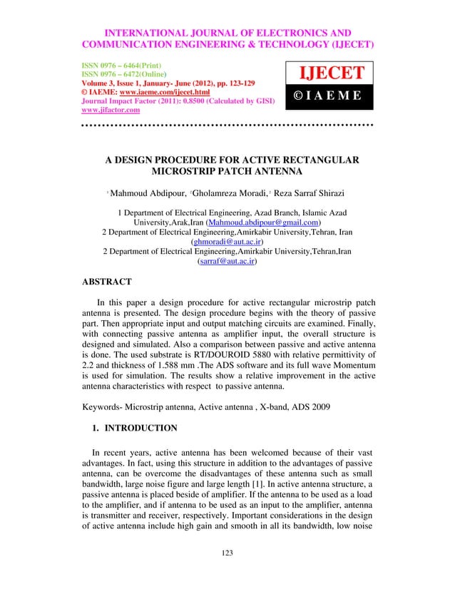 A design procedure for active rectangular microstrip patch antenna | PDF
