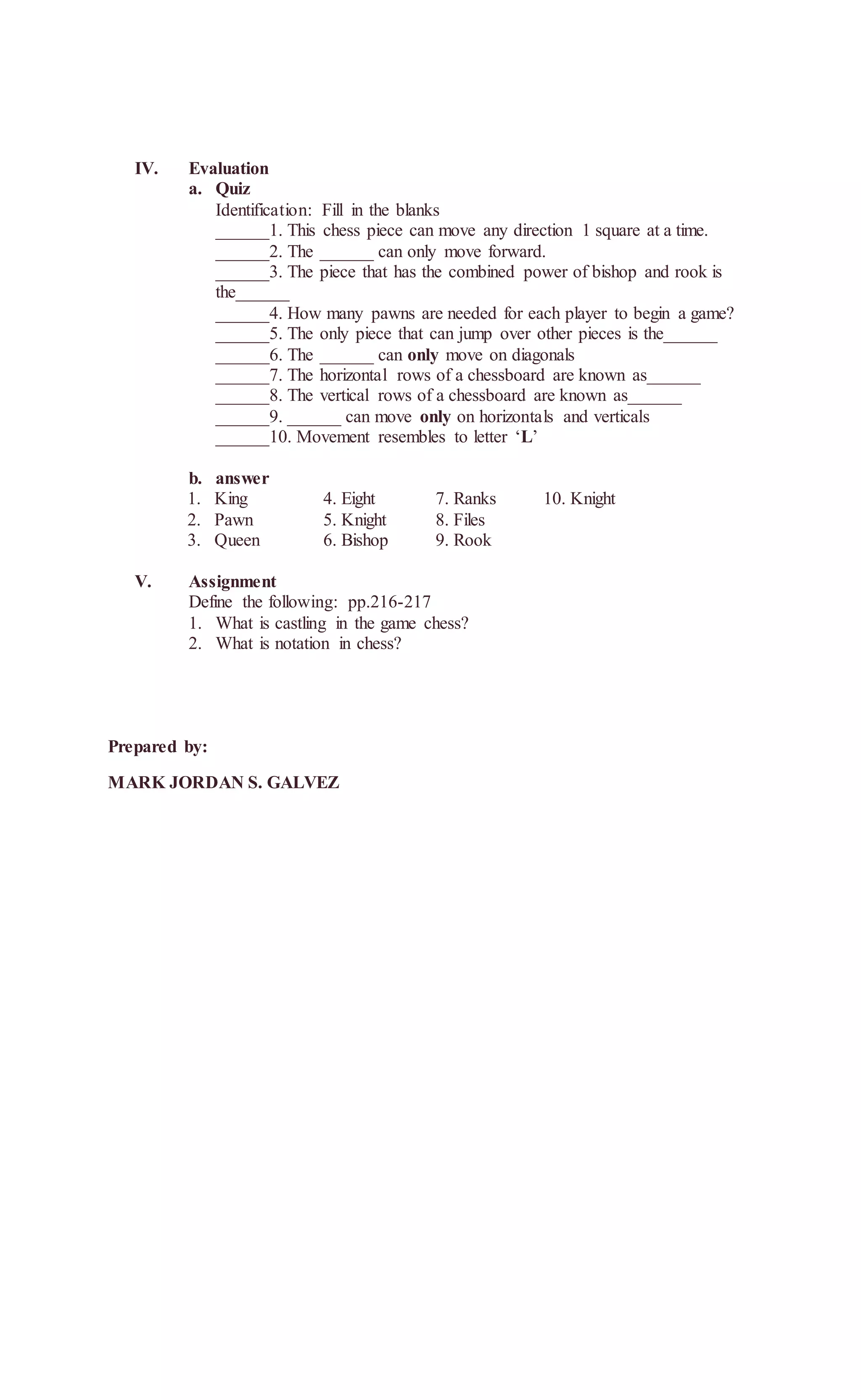 A detailed lesson plan in Chess | DOCX