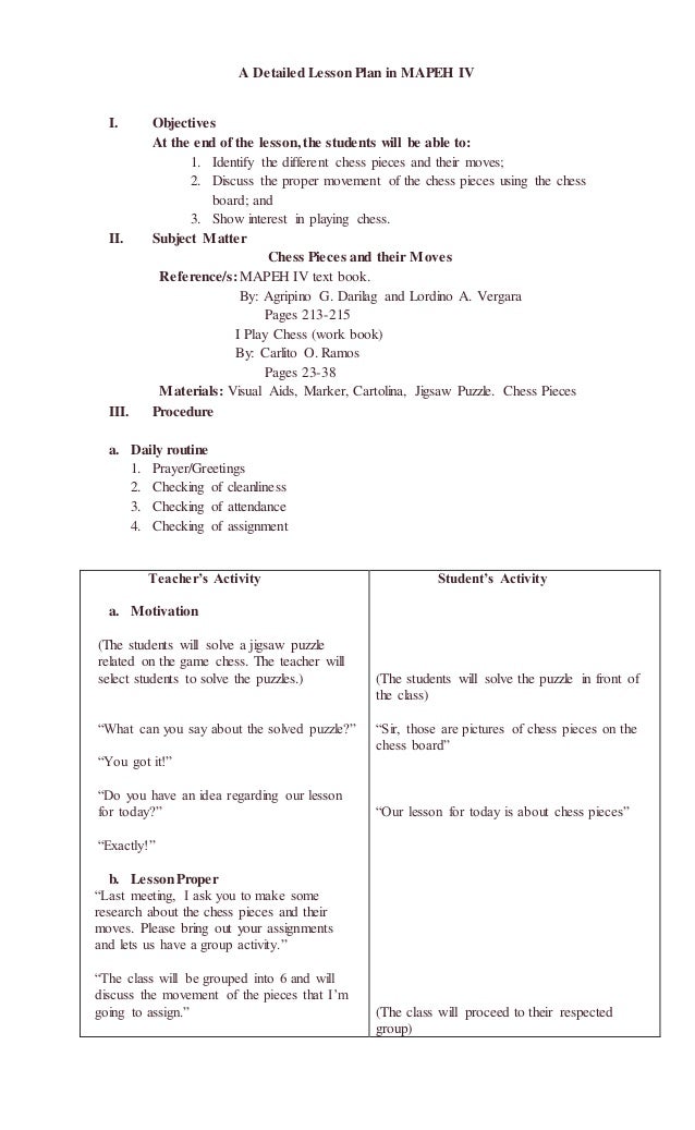 A detailed lesson plan in Chess