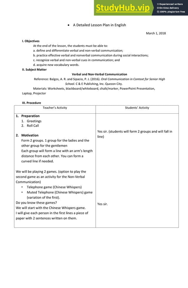 A Detailed Lesson Plan in English (Oral English Verbal and Non-Verbal ...