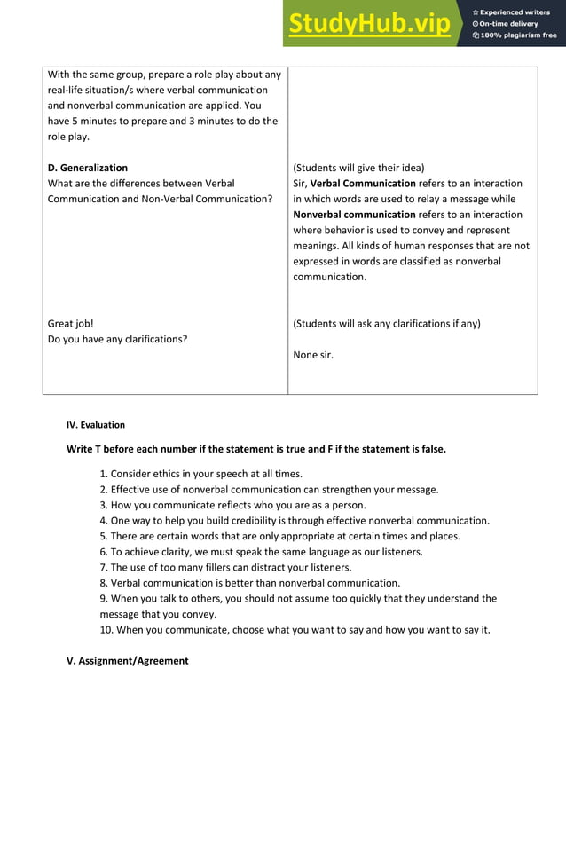 A Detailed Lesson Plan in English (Oral English Verbal and Non-Verbal ...