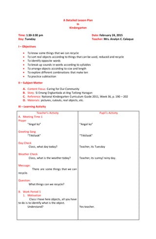 A detailed lesson plan in kinder | PDF