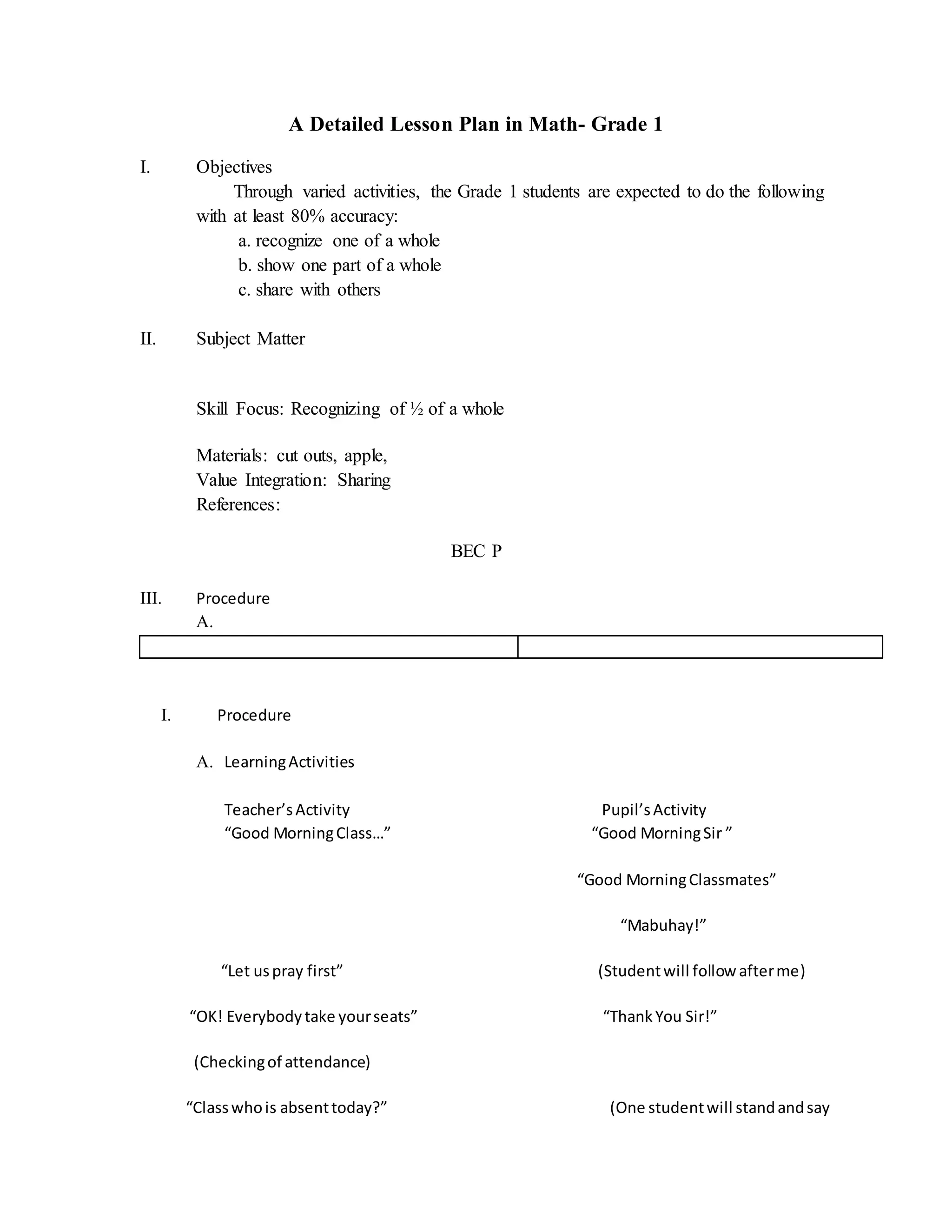 A detailed lesson plan in math grade 1 | DOCX