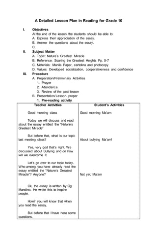 A detailed lesson plan in reading for grade 10 | DOCX