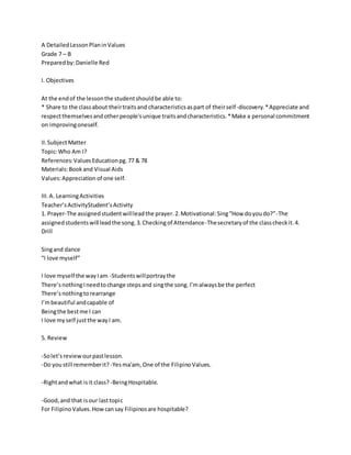 A detailed lesson plan in values | DOCX