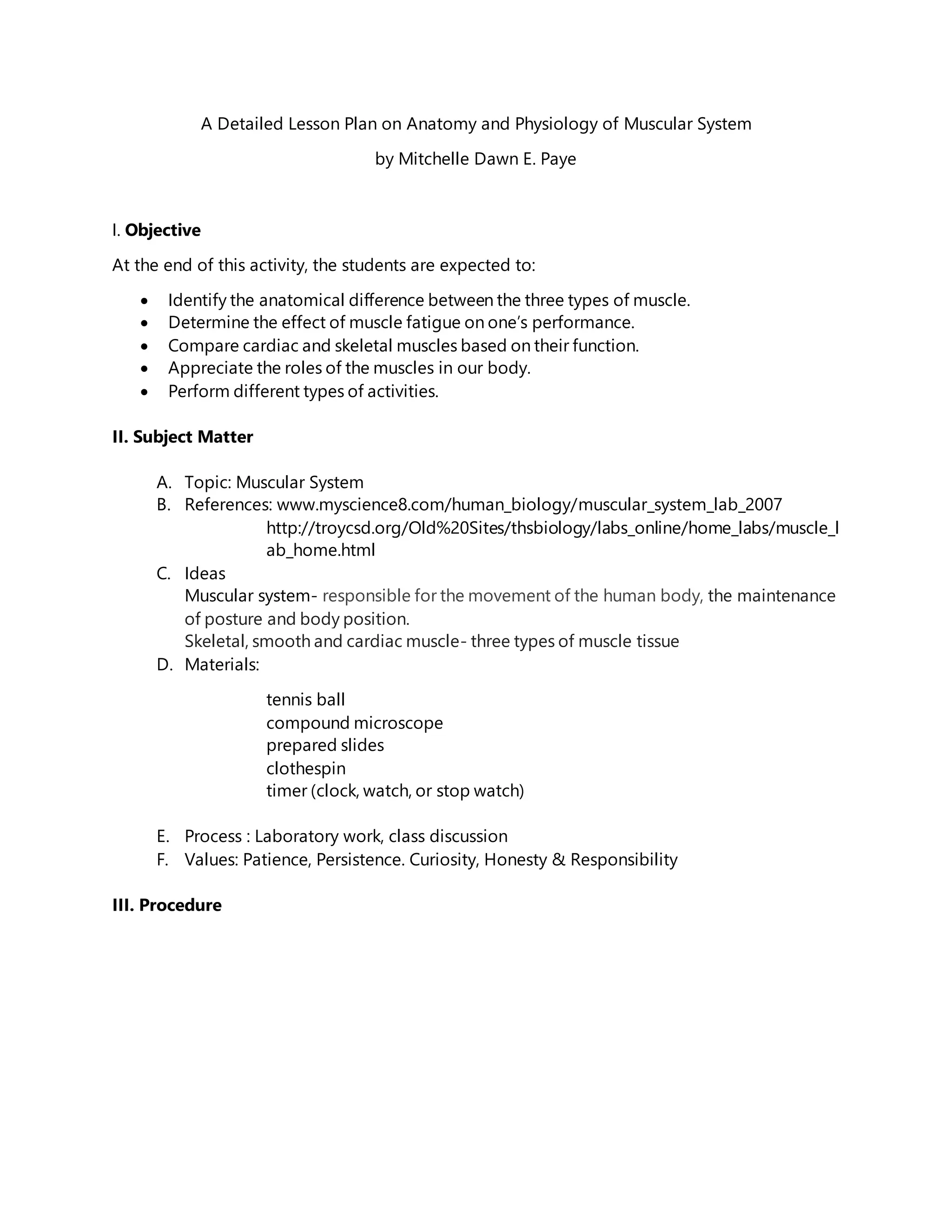 A detailed lesson plan on muscular system | DOCX