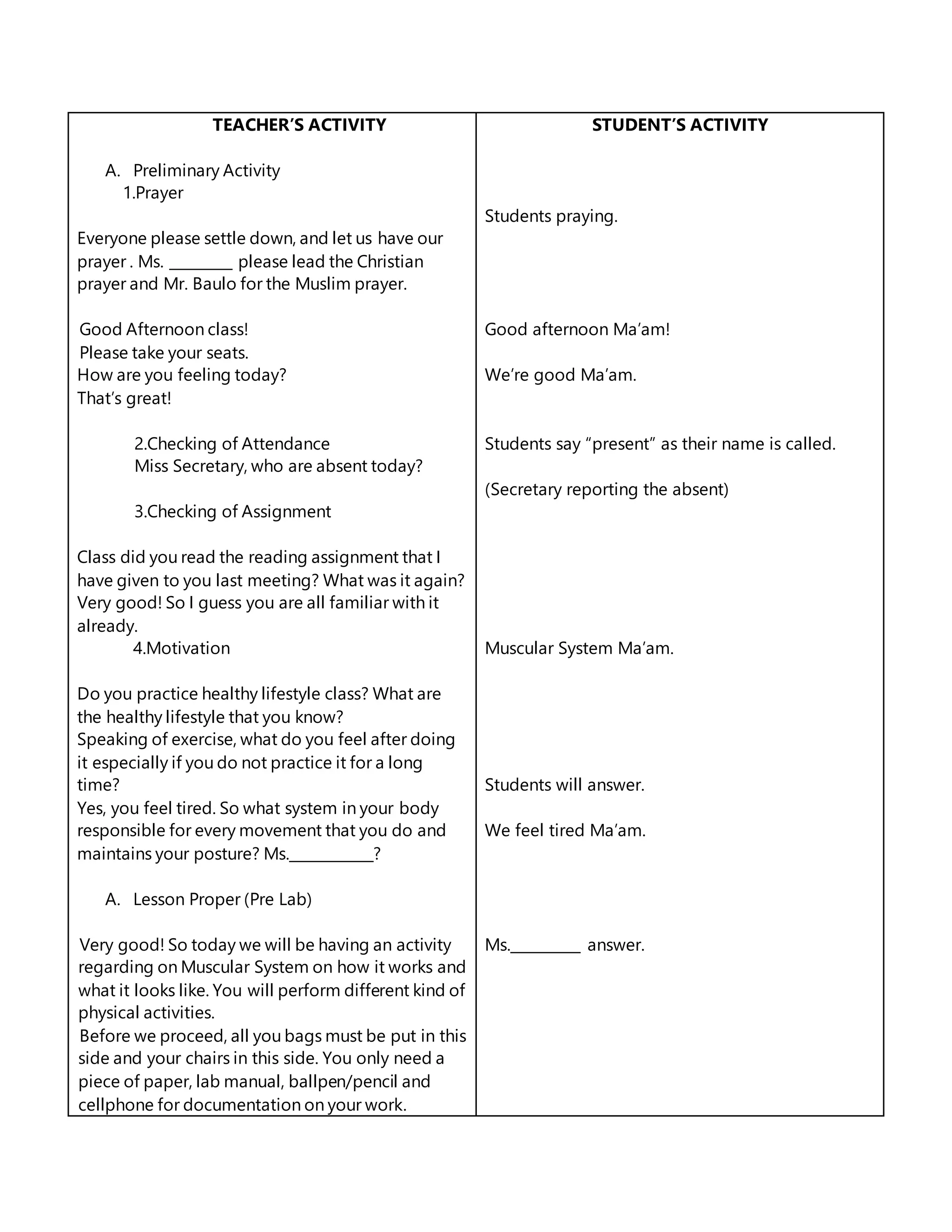 A detailed lesson plan on muscular system | DOCX