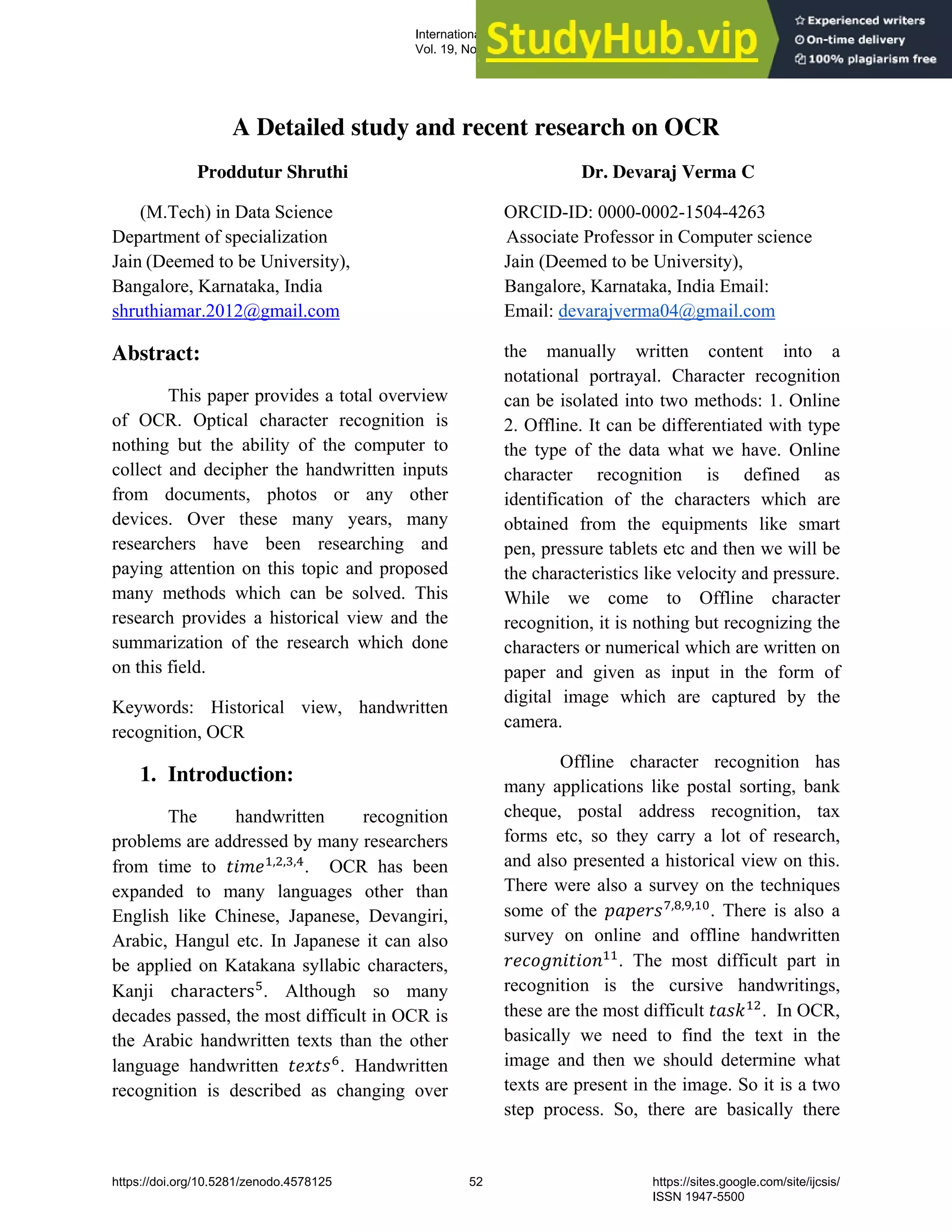 A Detailed Study And Recent Research On OCR | PDF