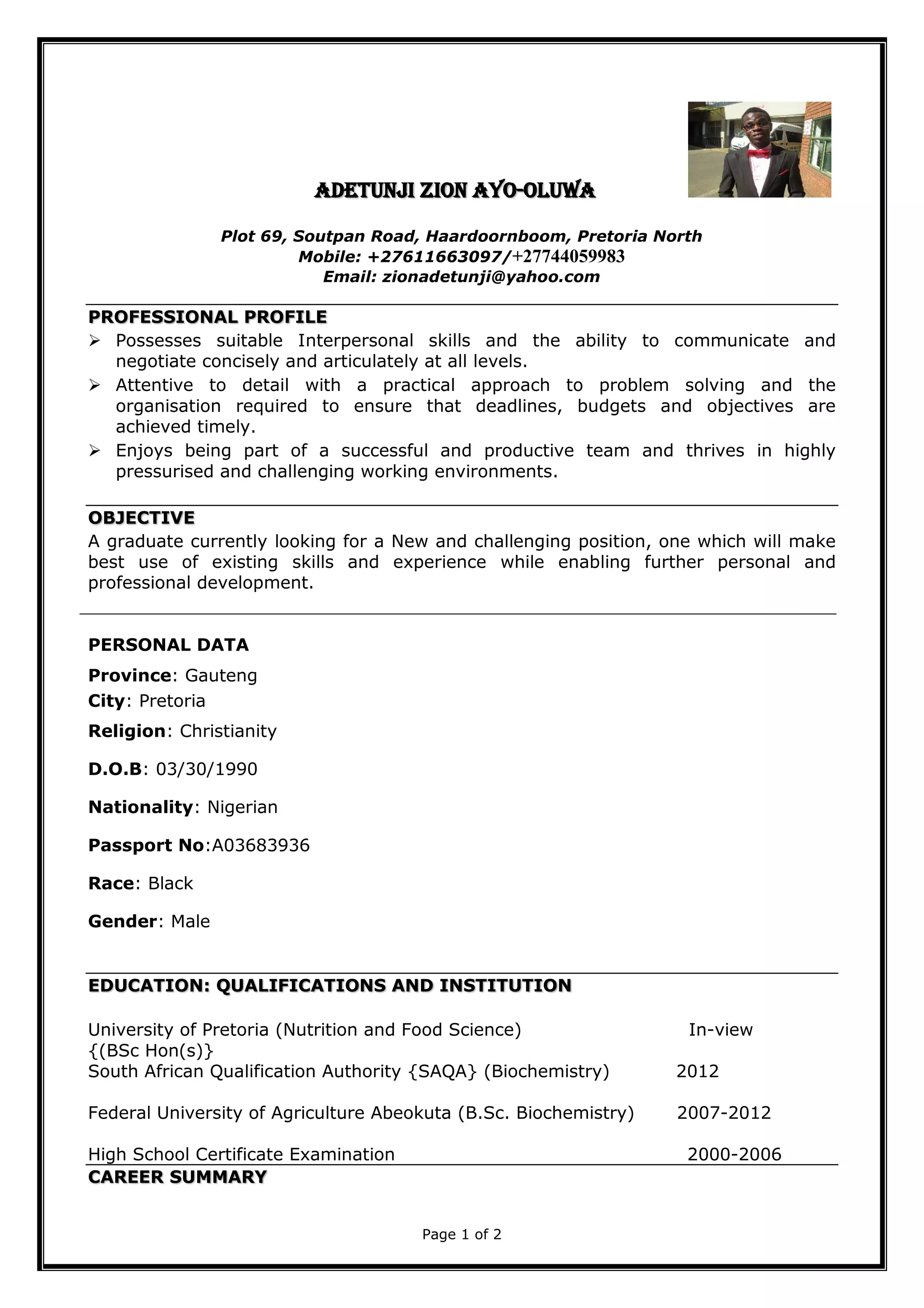 Adetunji zion curriculum vitae (updated) | PDF | Education