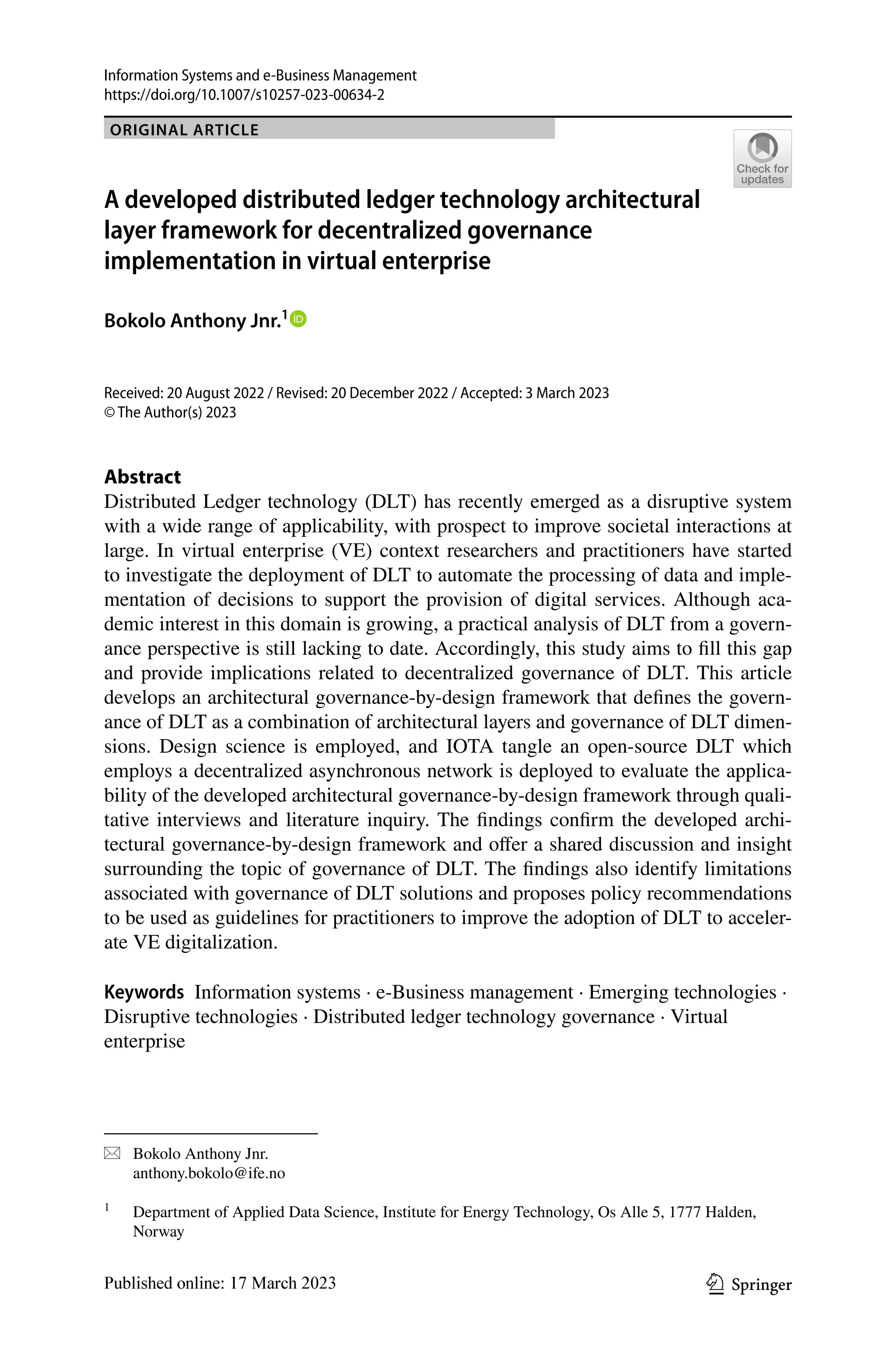 A developed distributed ledger technology architectural layer framework ...