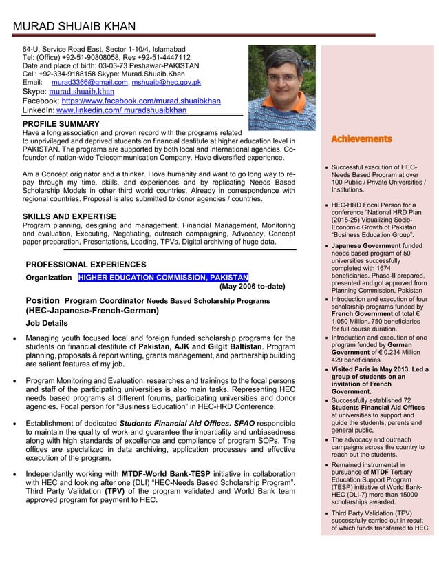 Murad Shuaib Khan CV (28-12-2015) | PDF | Student Financial Aid ...