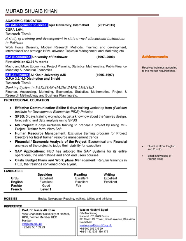 Murad Shuaib Khan CV (28-12-2015) | PDF | Student Financial Aid | Financial Assistance