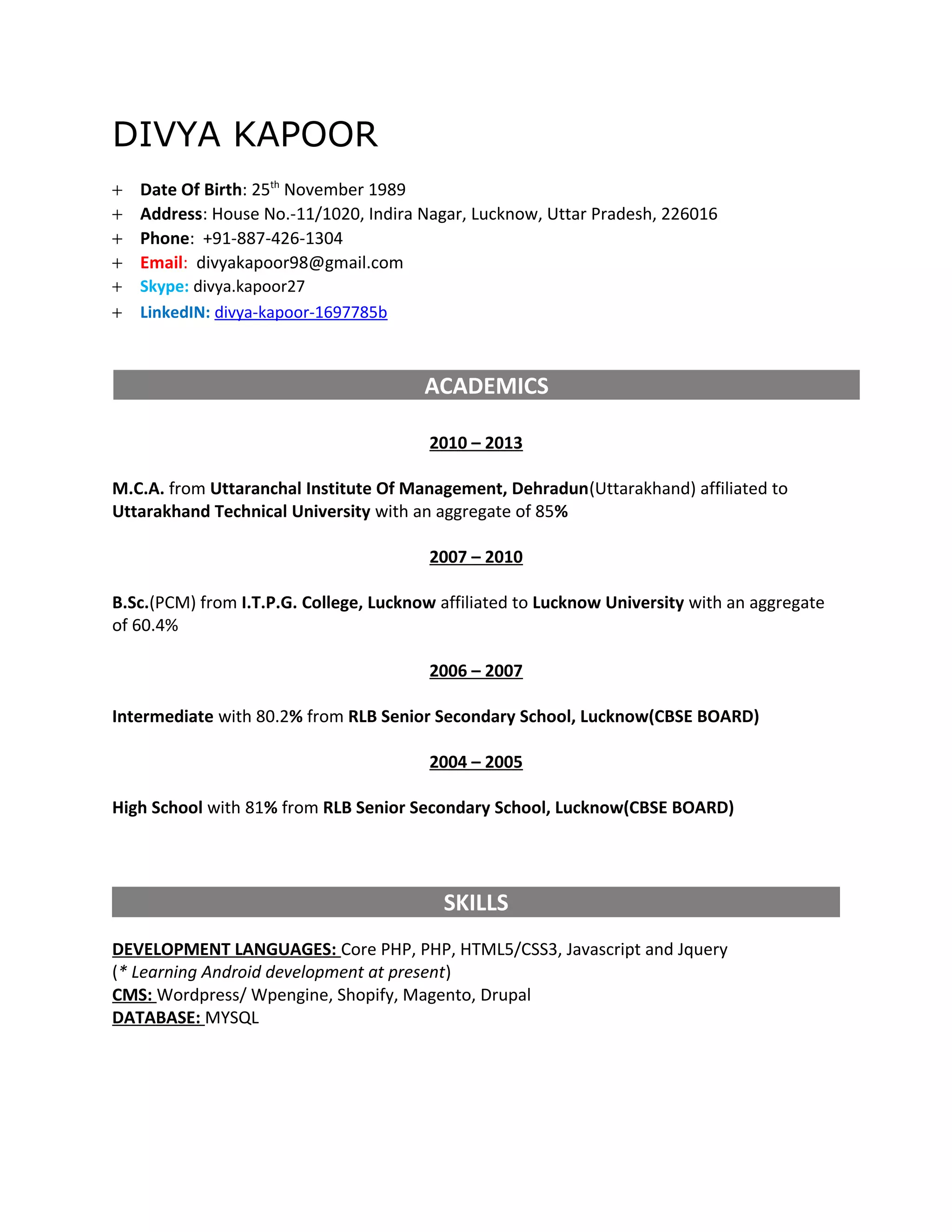 CV Divya Kapoor | DOC | Web Development | Internet