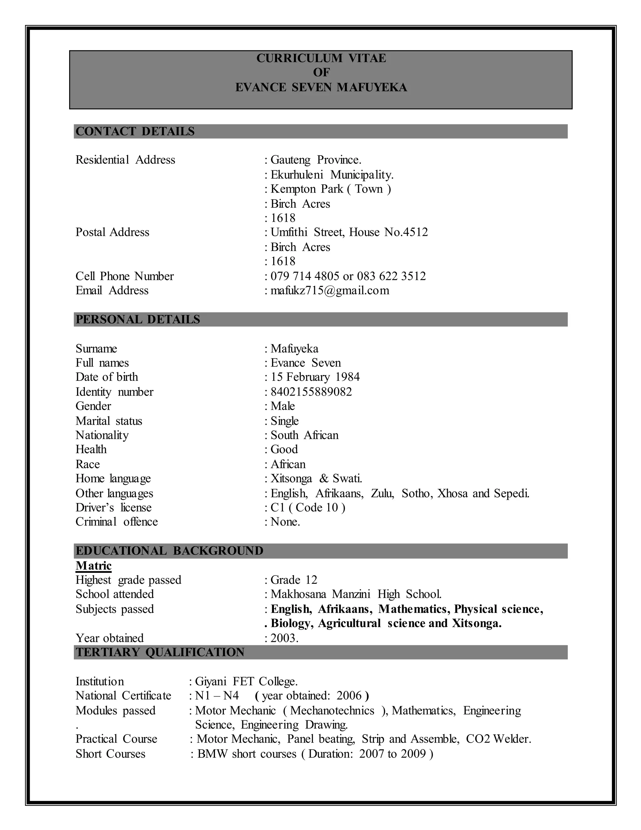 Evance_Mafuyeka's_CV.. | PDF