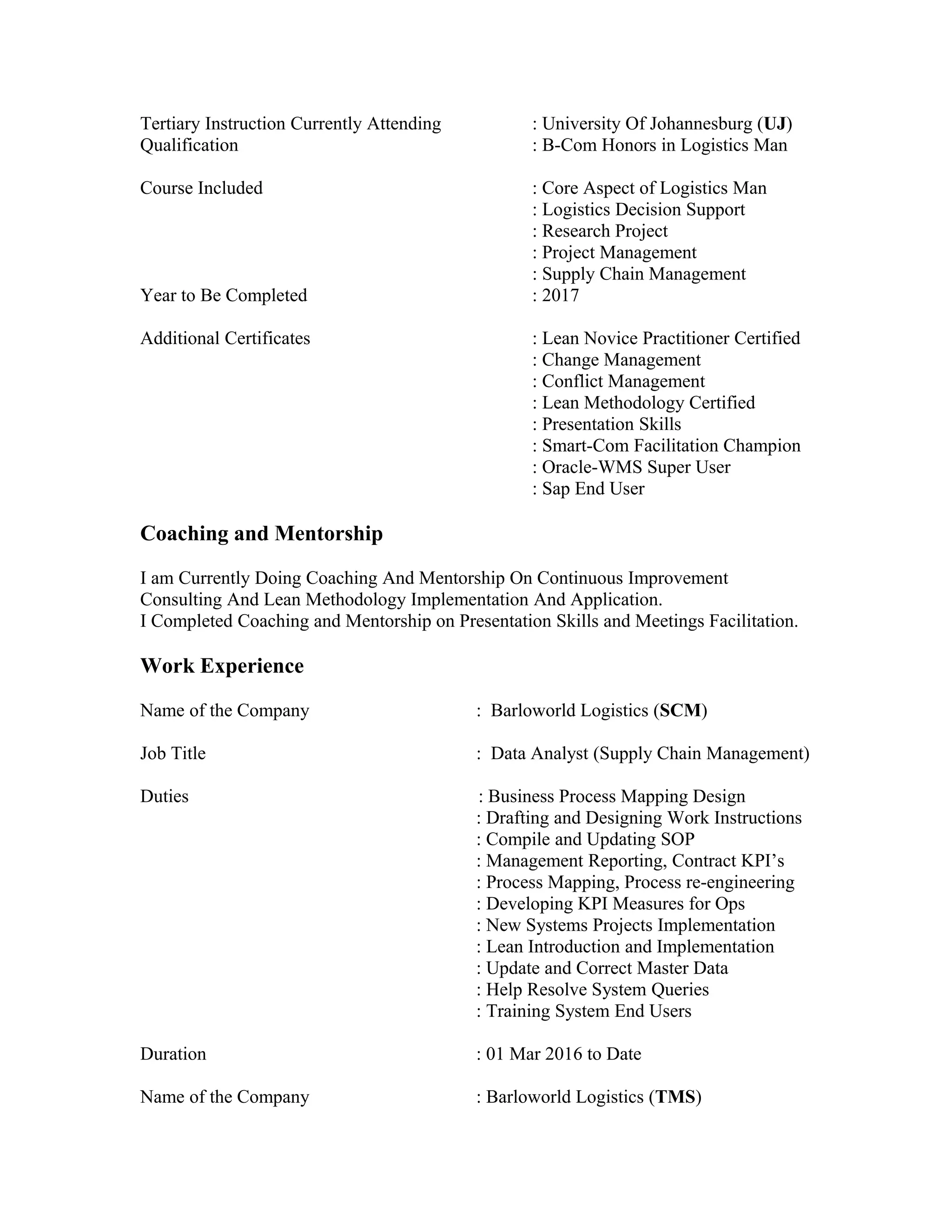 CURRICULAME VITAE OF MOSIANE REFILWE | DOC