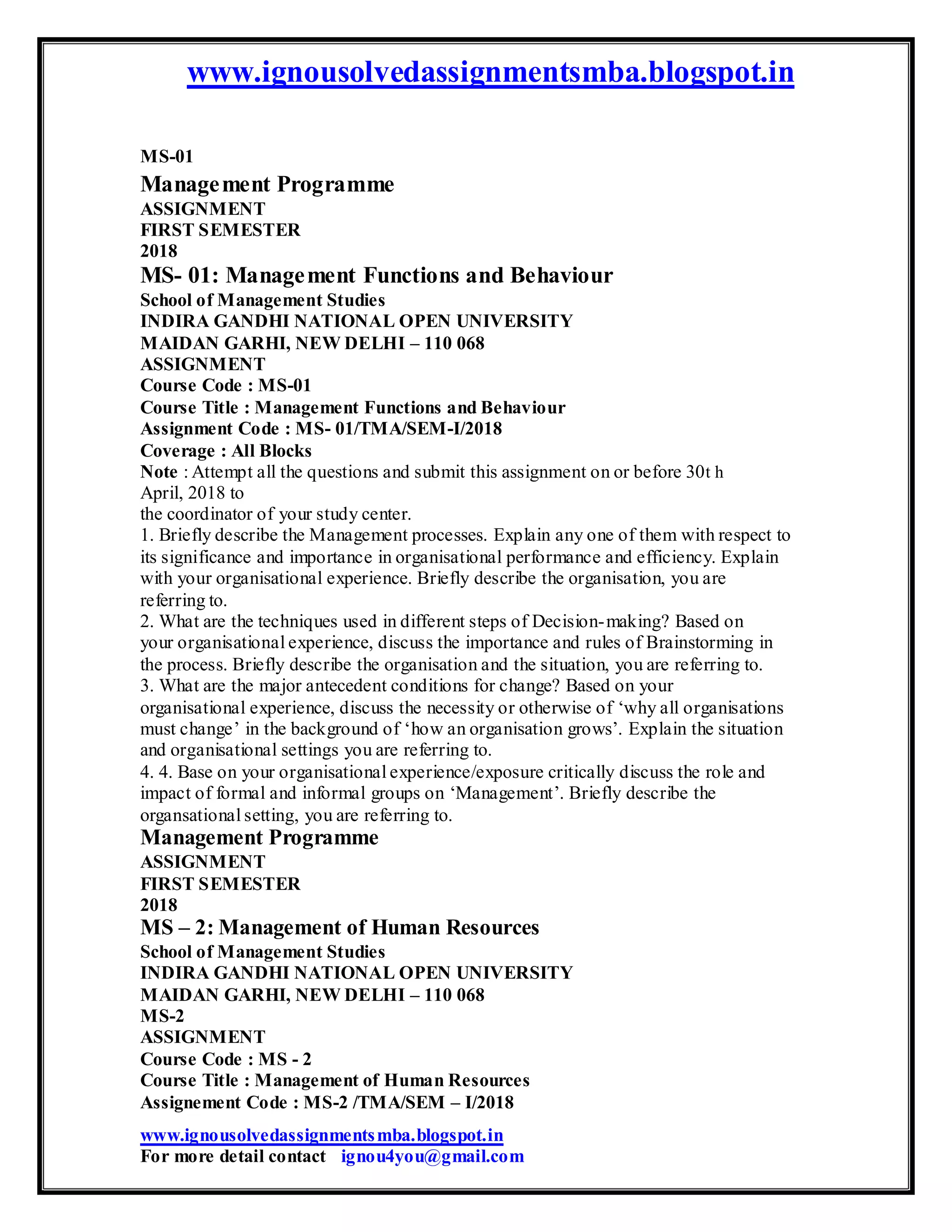 ignou mba solved assignments 2018 | PDF