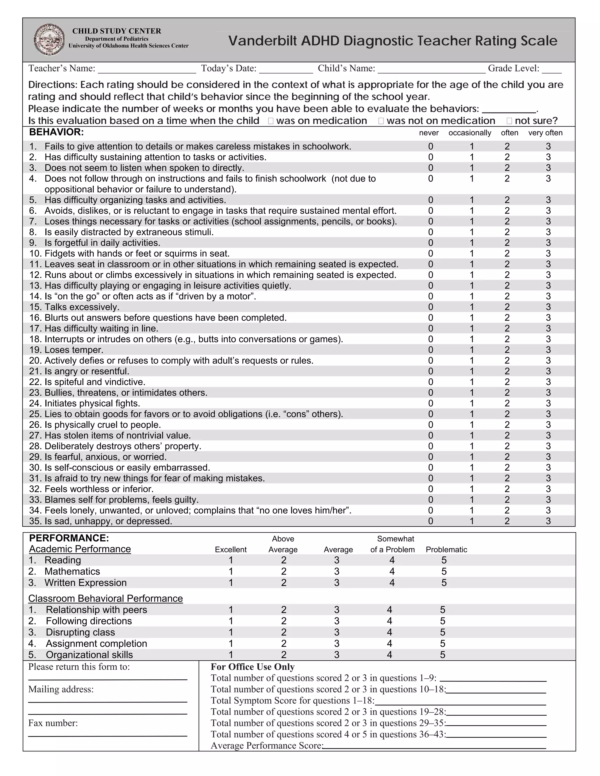 Adhd rating teacher | PDF