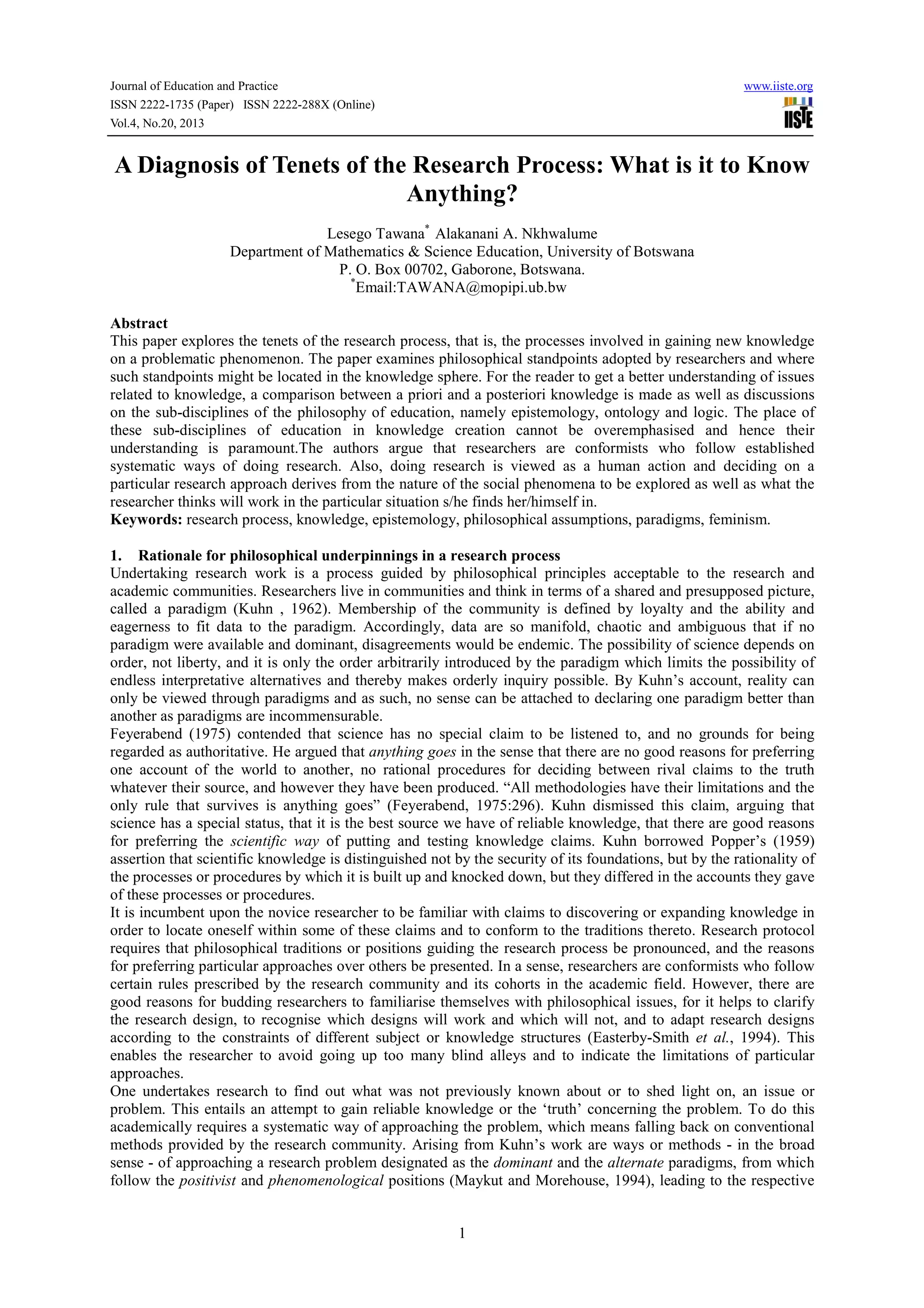 A diagnosis of tenets of the research process what is it to know ...