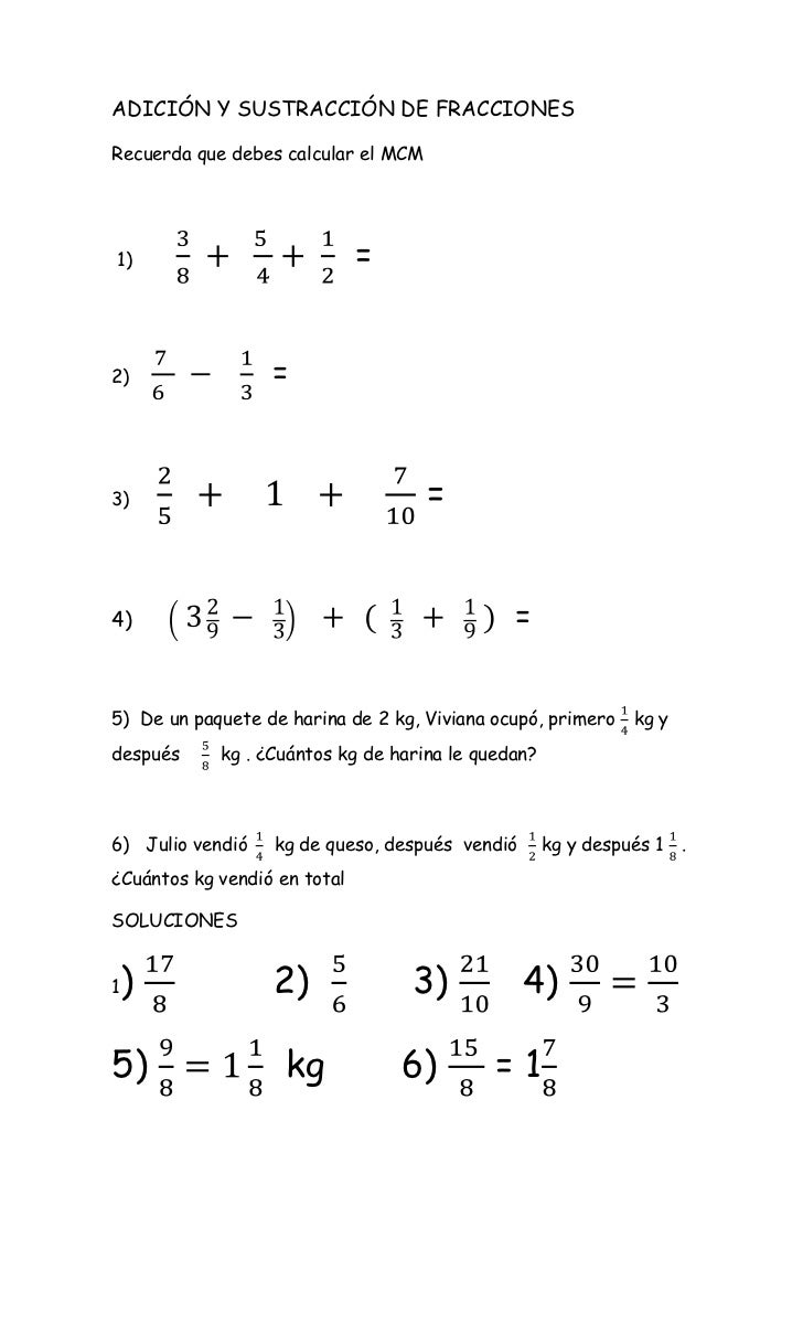 Adicion Y Sustraccion De Fracciones Ejemplos Y Ejercicios ADICIÓN Y