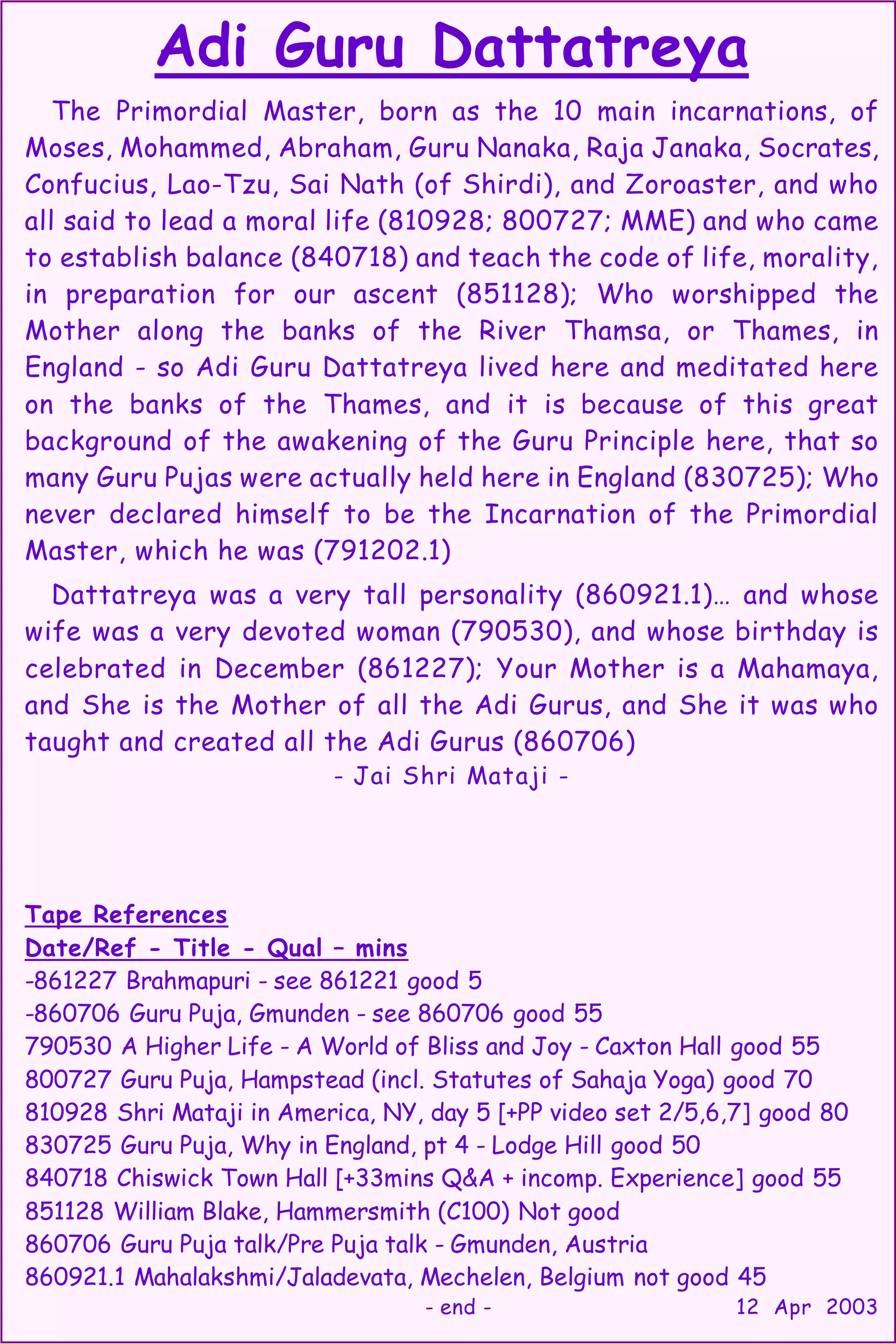 Adi Guru Dattatreya - the Primordial Gurus - Sahaja Yoga | PDF