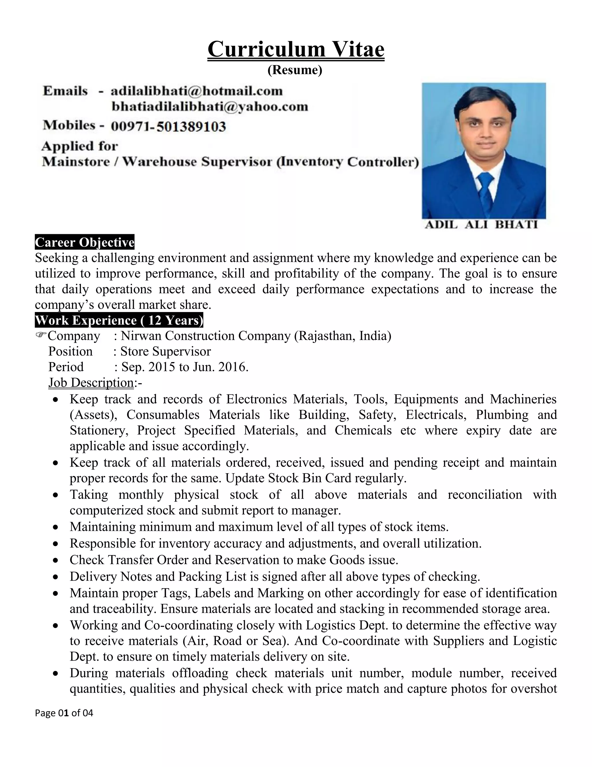 Adil's cv for warehouse supervisor inventory controller- | PDF