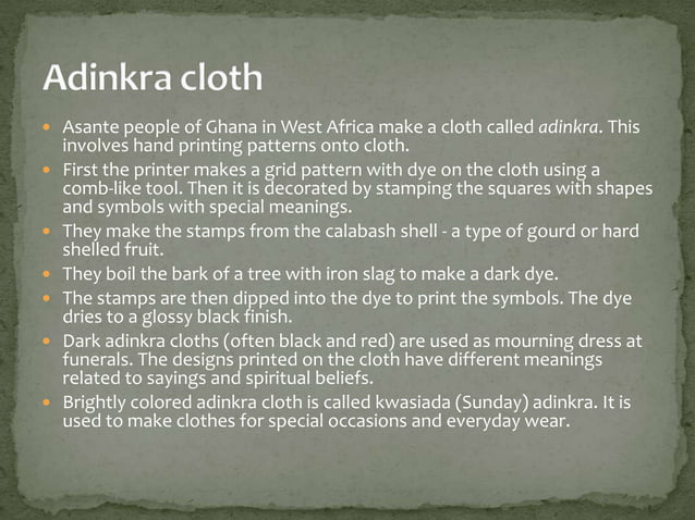 African Textiles: Adinkra Fabric | PPTX | Women\'s Outerwear | Women\'s ...