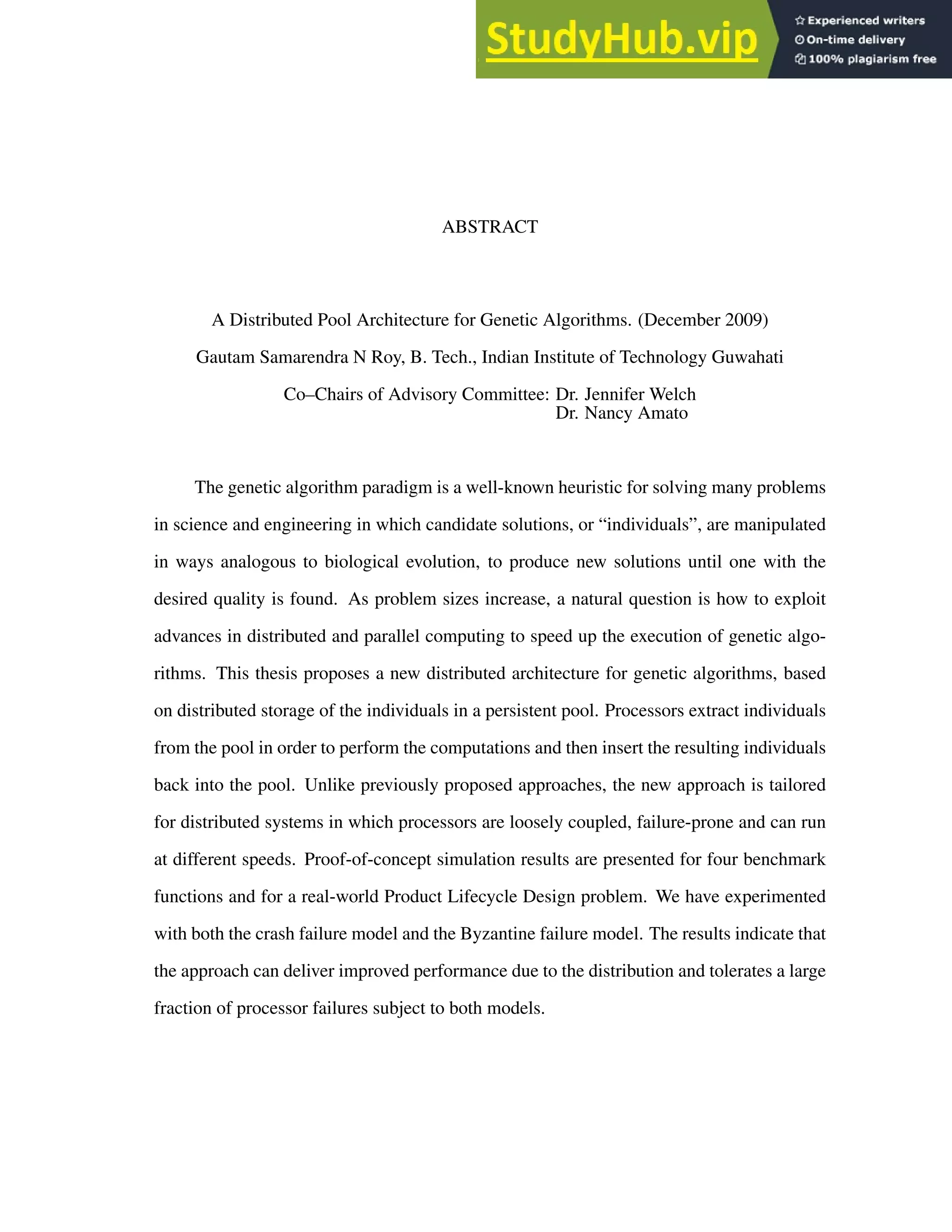 A Distributed Pool Architecture For Genetic Algorithms Pdf