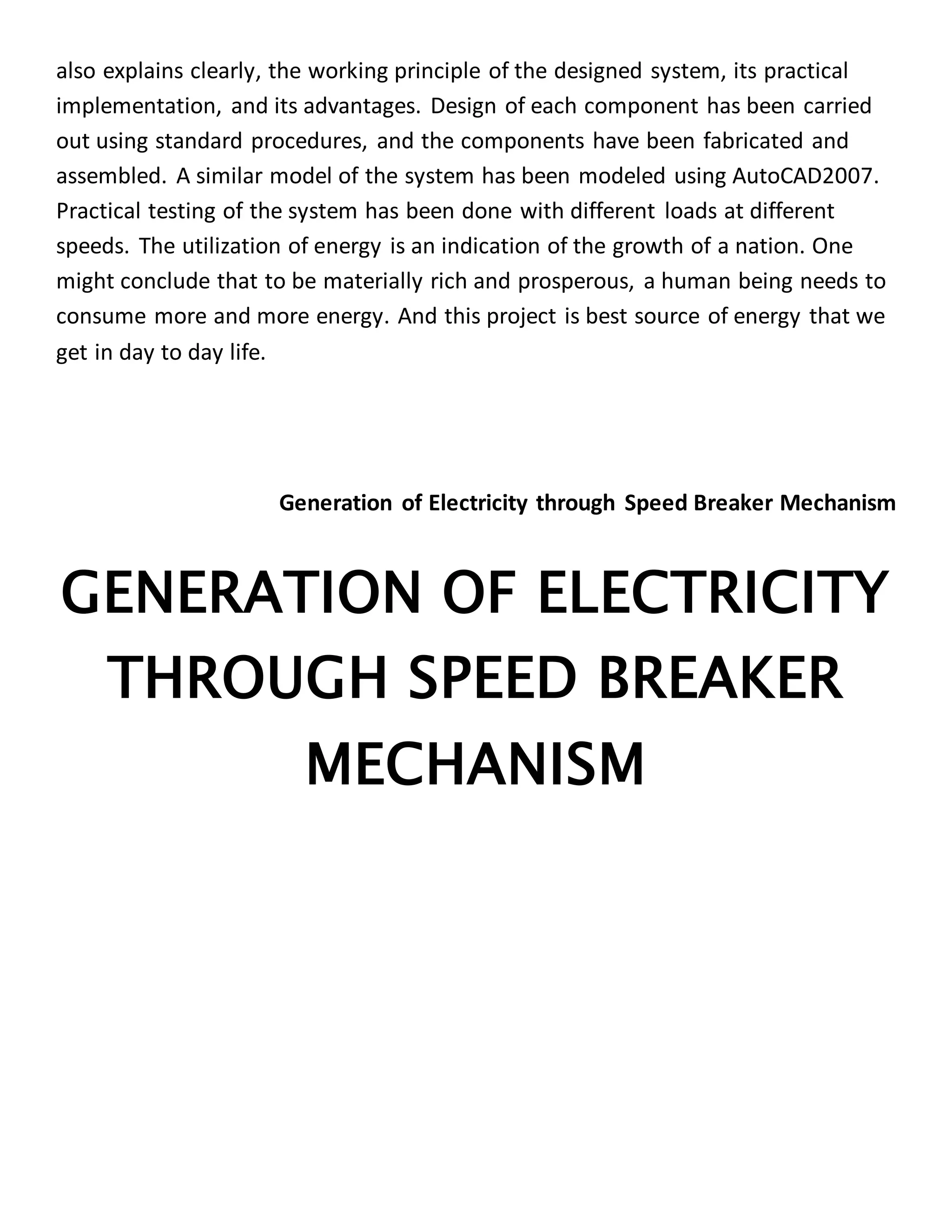 Generation of electricity through speed breaker mechanism(AVANTHI CLG ...