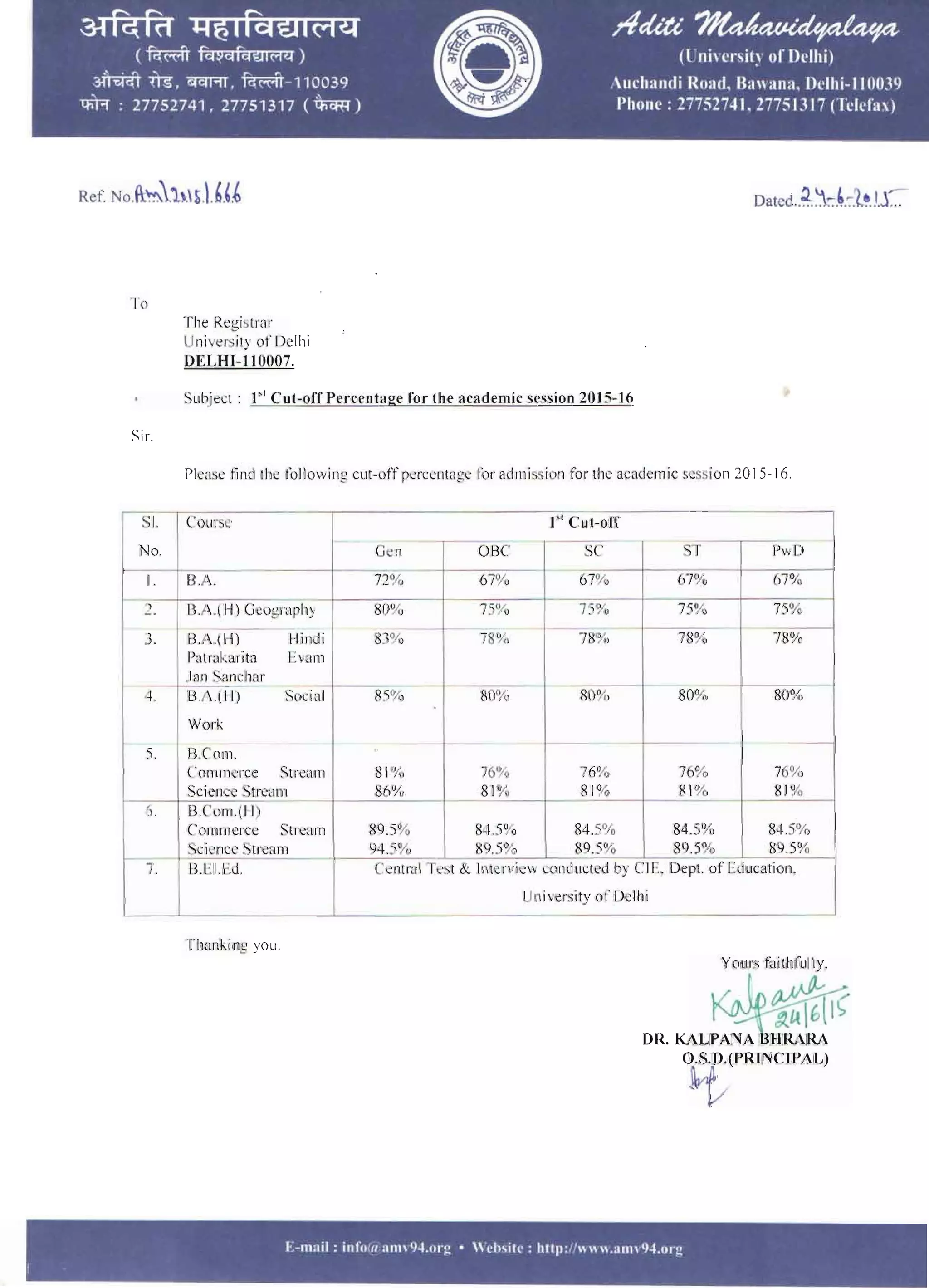 Aditi Mahavidyalaya college :- First Cut-off | PDF