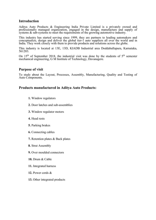 Report on Industrial visit at Aditya Auto products, Doddballapura ...