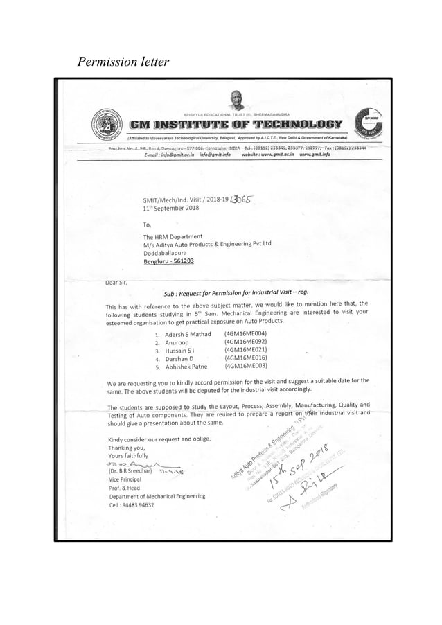 Report on Industrial visit at Aditya Auto products, Doddballapura, Bangalore. | PDF | Automotive ...