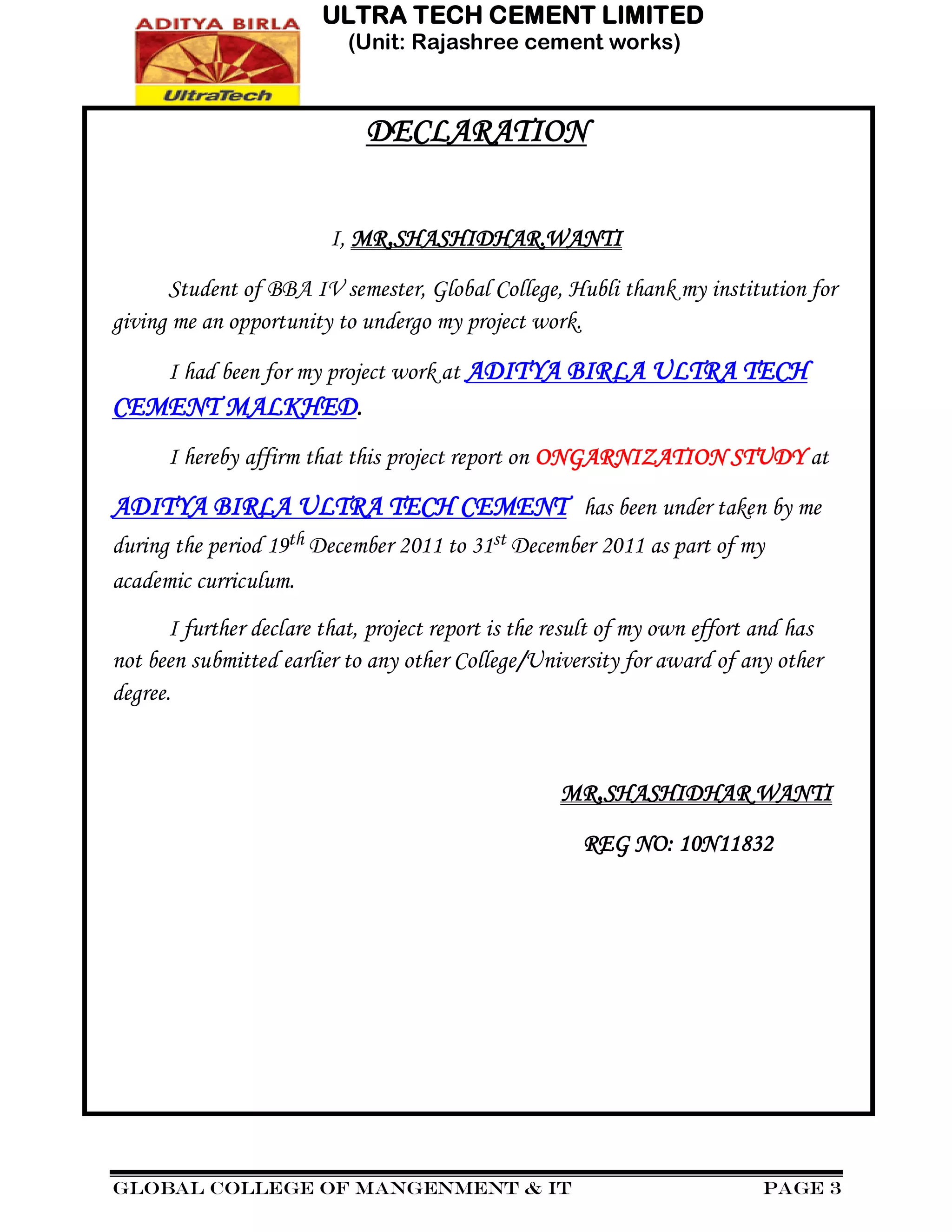 Aditya birla ultratech cement | PDF