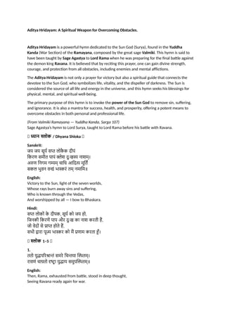 Aditya Hridayam english and hindi translation. | PDF
