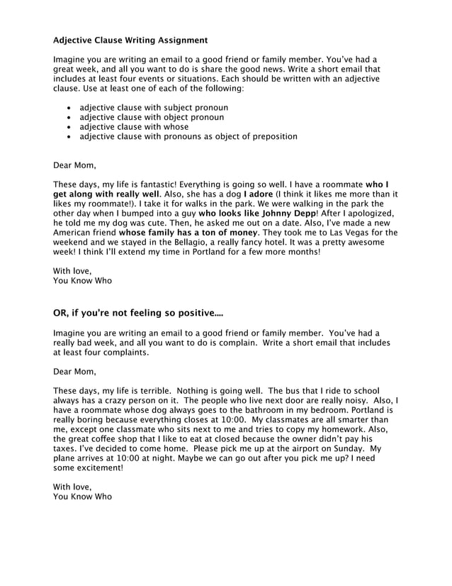 Adjective clause writing assignment | PDF | Family and Relationships