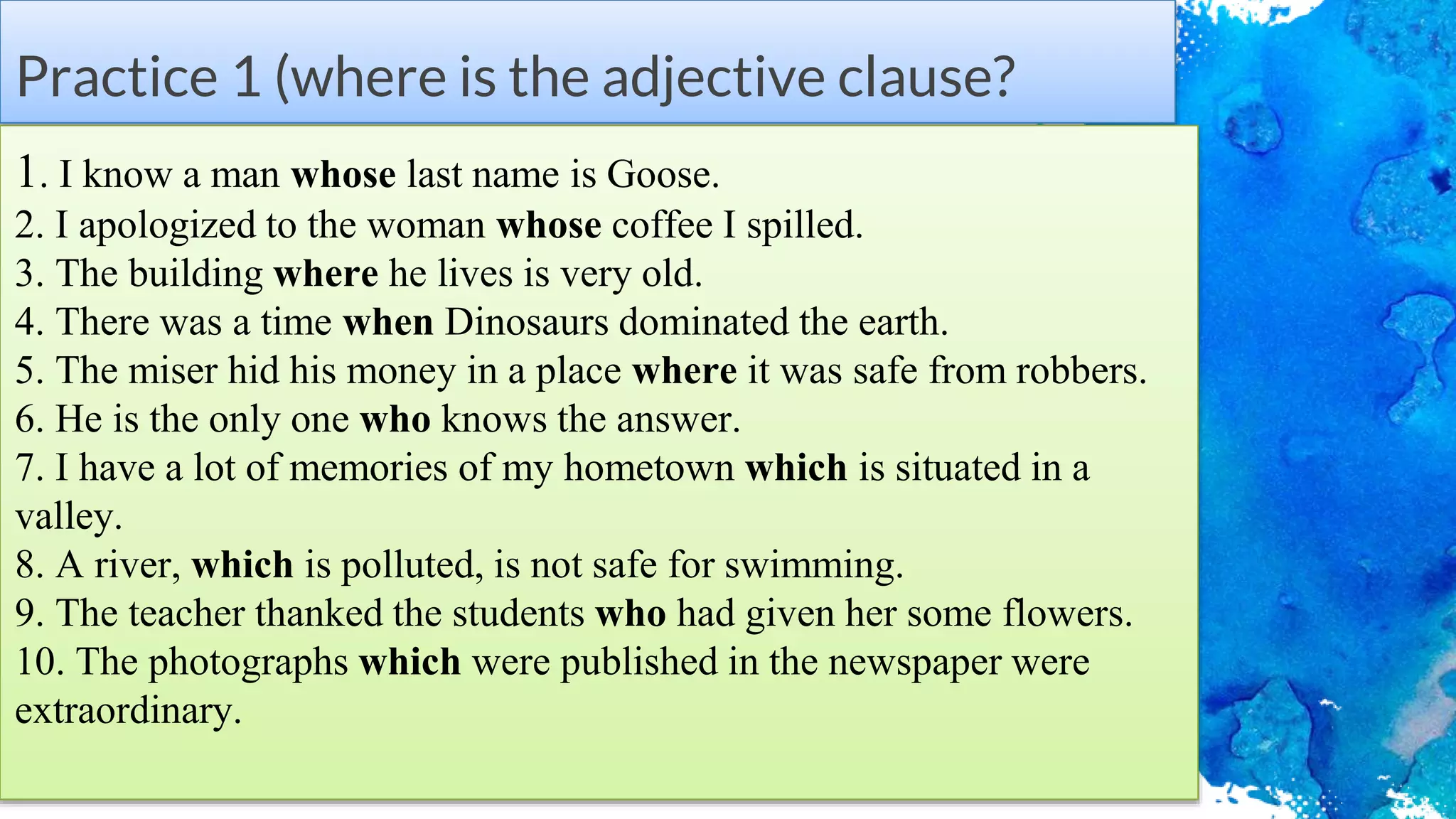 Adjective, noun and adverb clauses | PPTX | Law