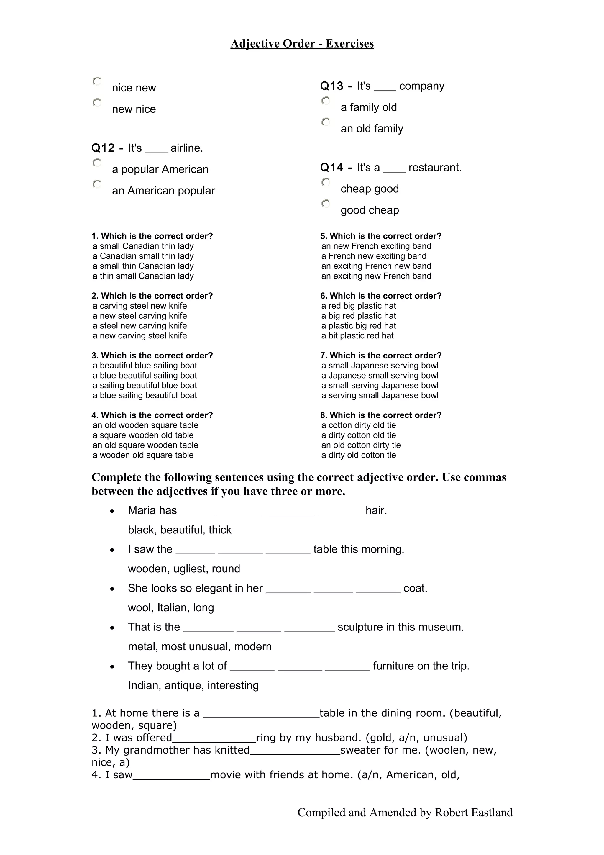 Adjective order exercises | DOC