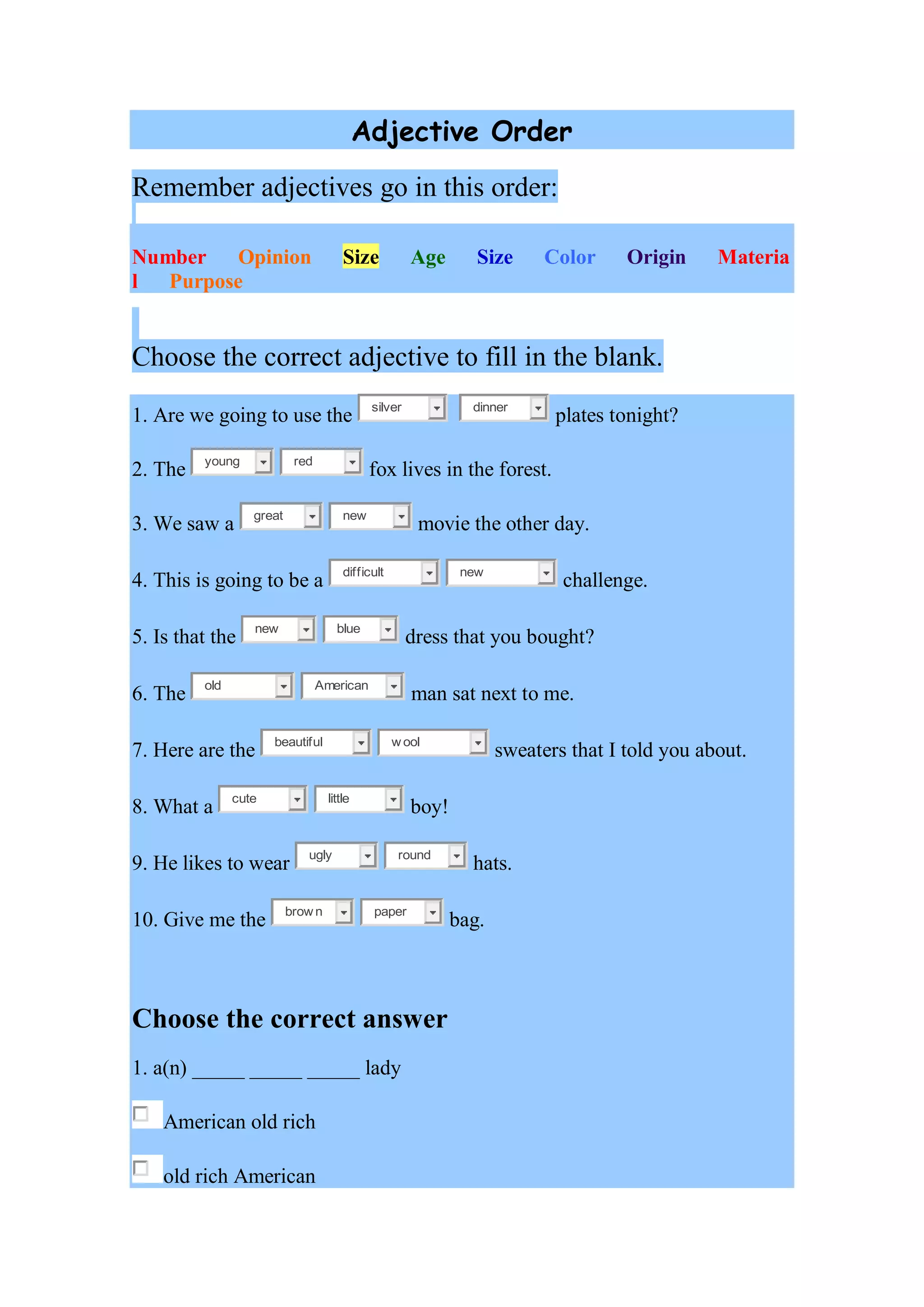 Adjective order test pdf | PDF