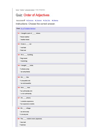 Adjective order test pdf | PDF