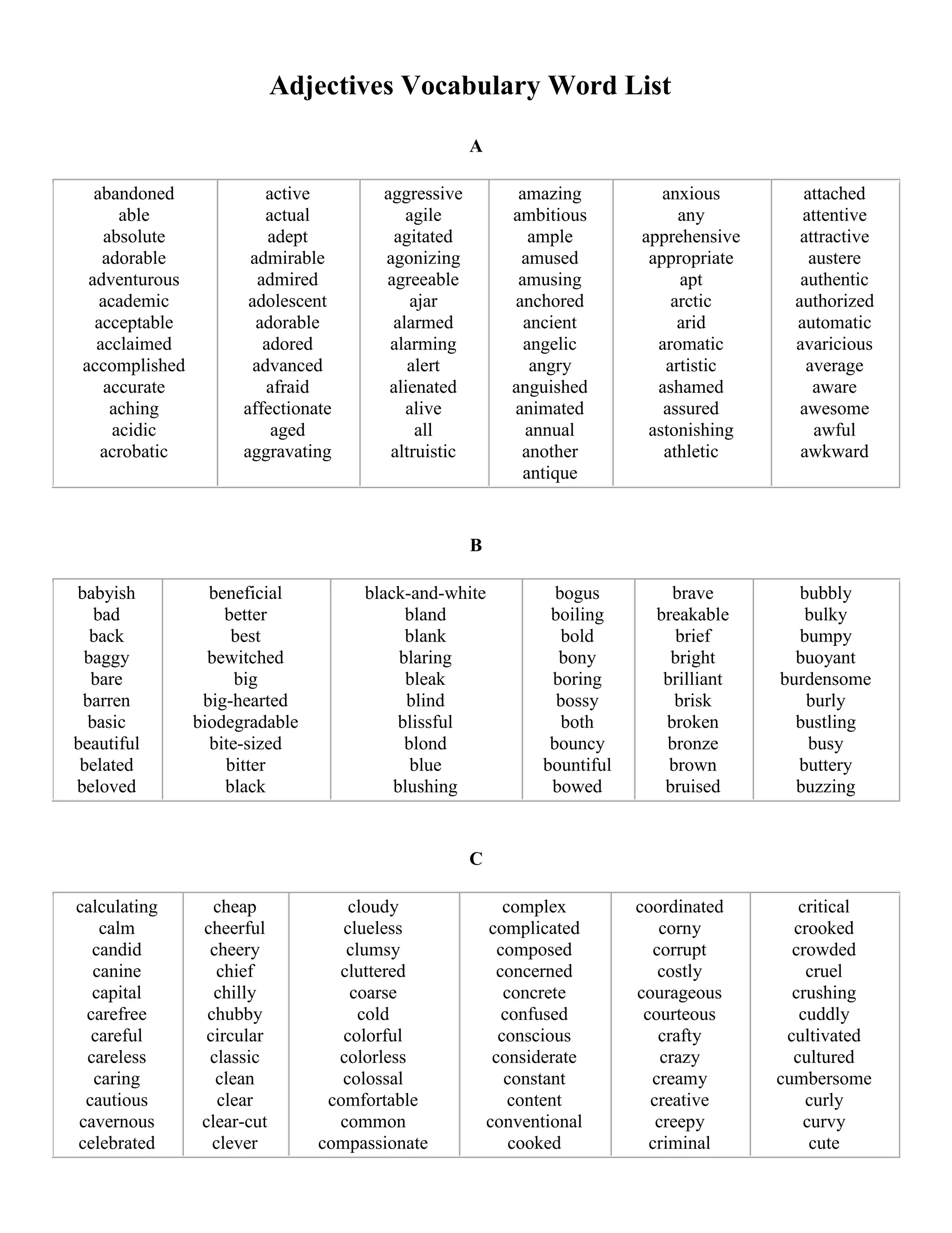 Adjectives vocabulary word list | DOCX