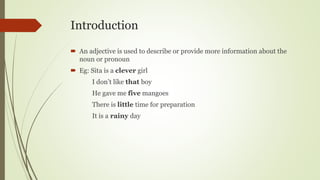 An introduction to Adjectives, small PPT covering the basics | PDF