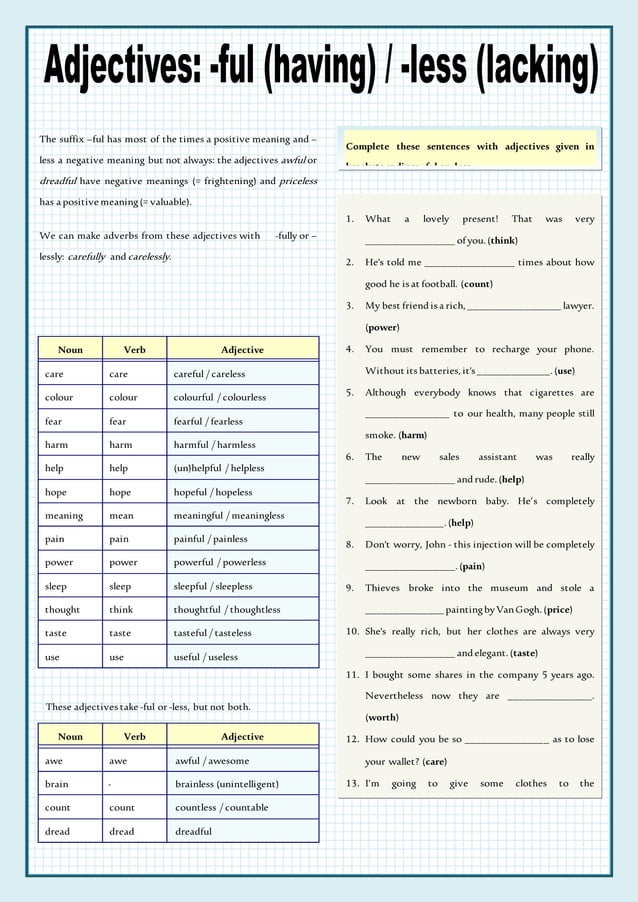 Adjectives Ending in ful or less grammar drills 95312 DOC