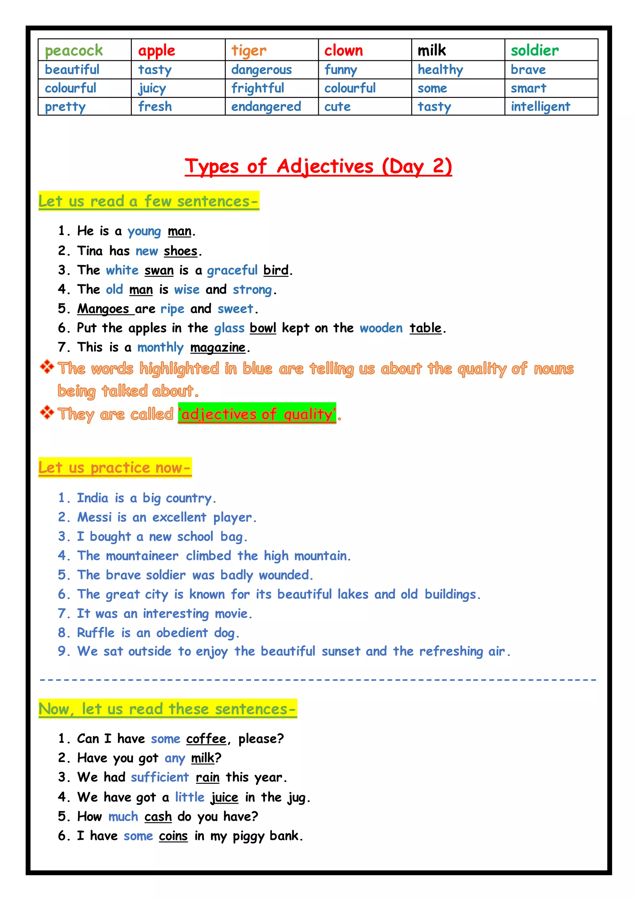Adjectives and Degrees of Comparison- notes for Grade III to V | DOCX