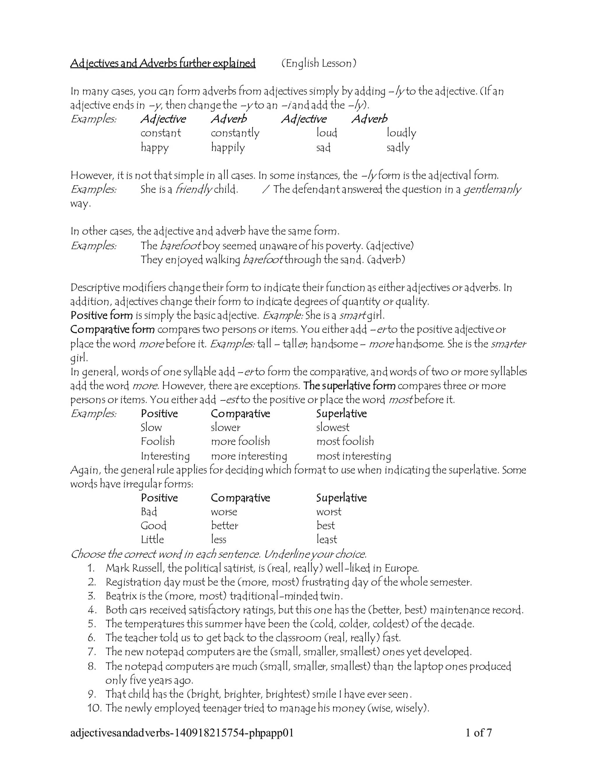 Grammar Lesson - Adjective & Adverb | PDF