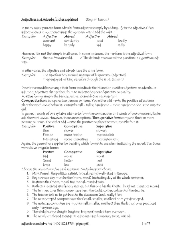 Grammar Lesson - Adjective & Adverb | PDF