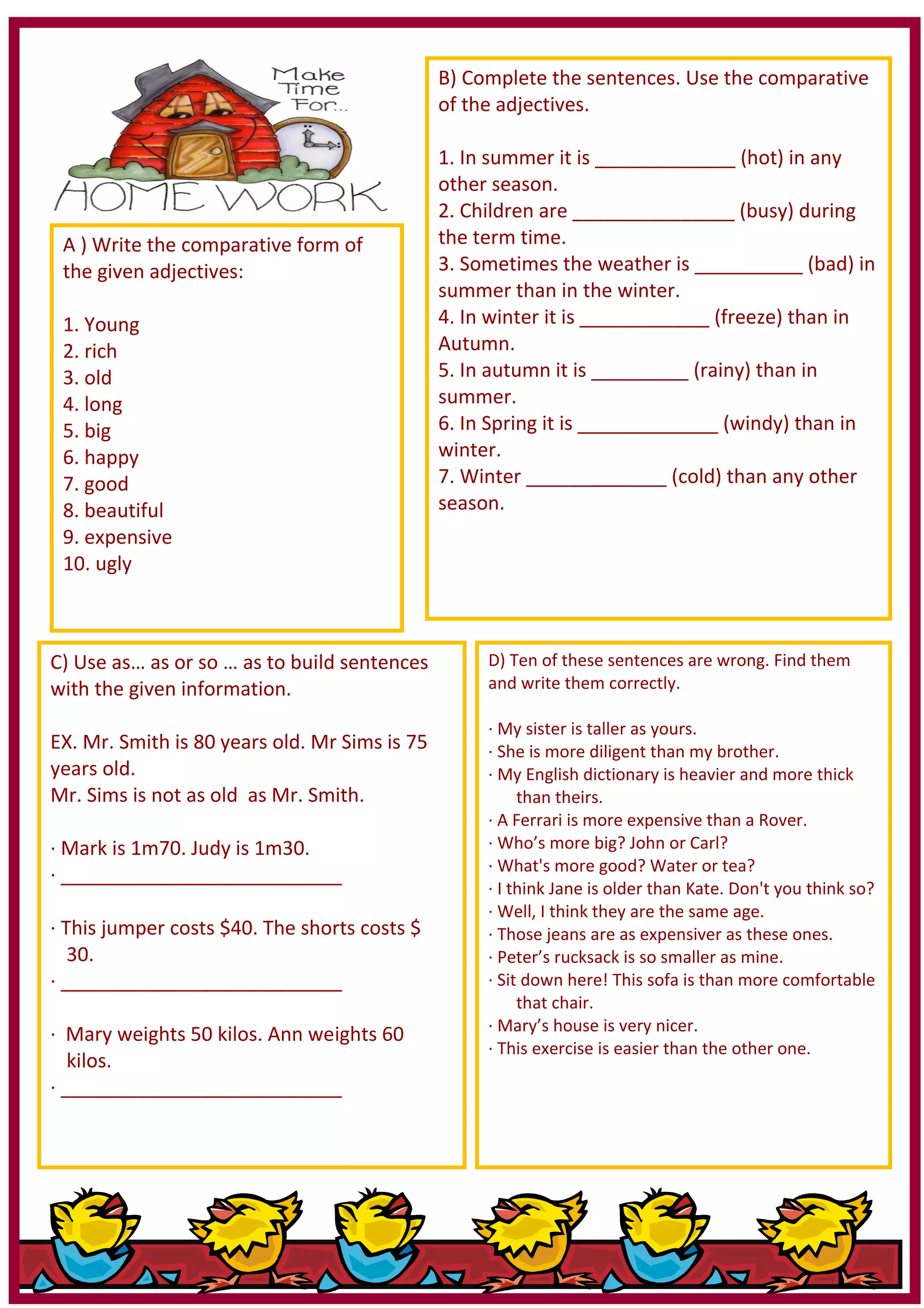 Adjectives Comparative + Homework (English Worksheet) | DOC